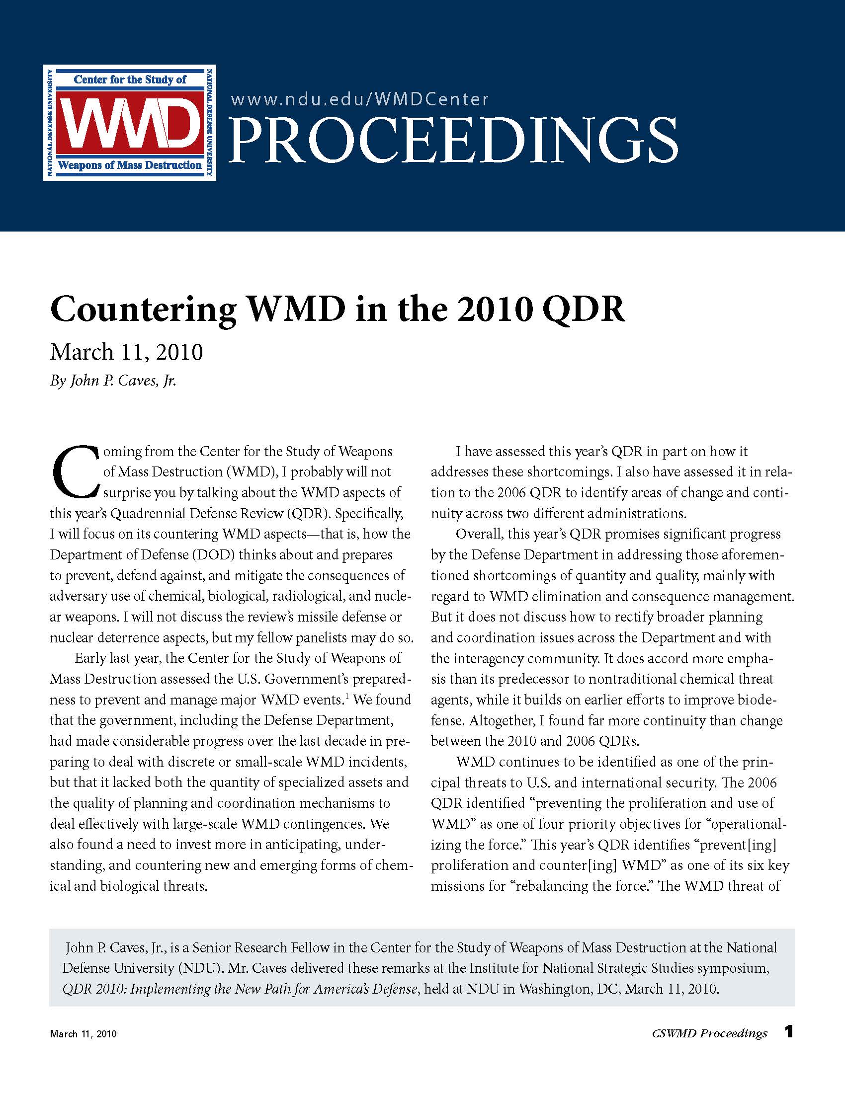 Countering WMD in the 2010 QDR > Institute for National Strategic ...