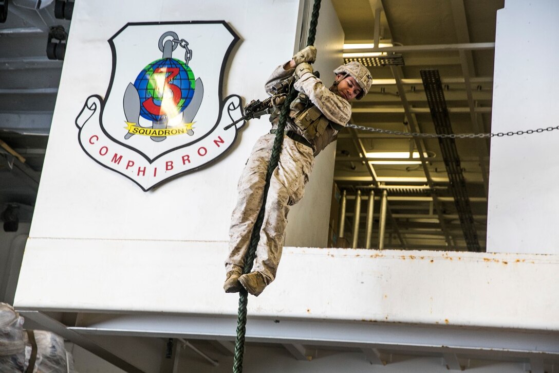 U.S. Marines fast rope into hangar bay