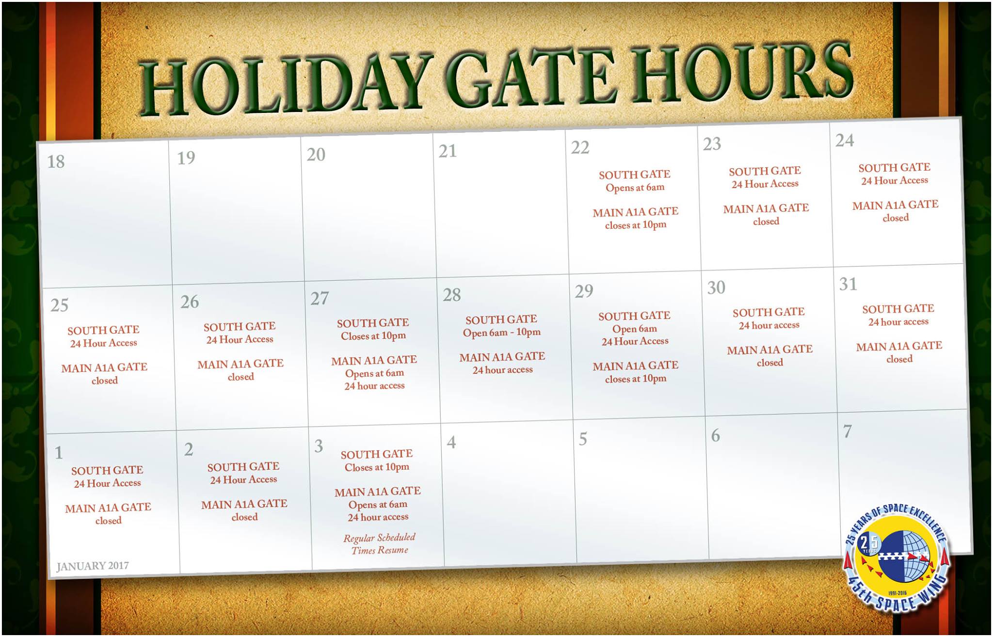 Holiday Gate Hours