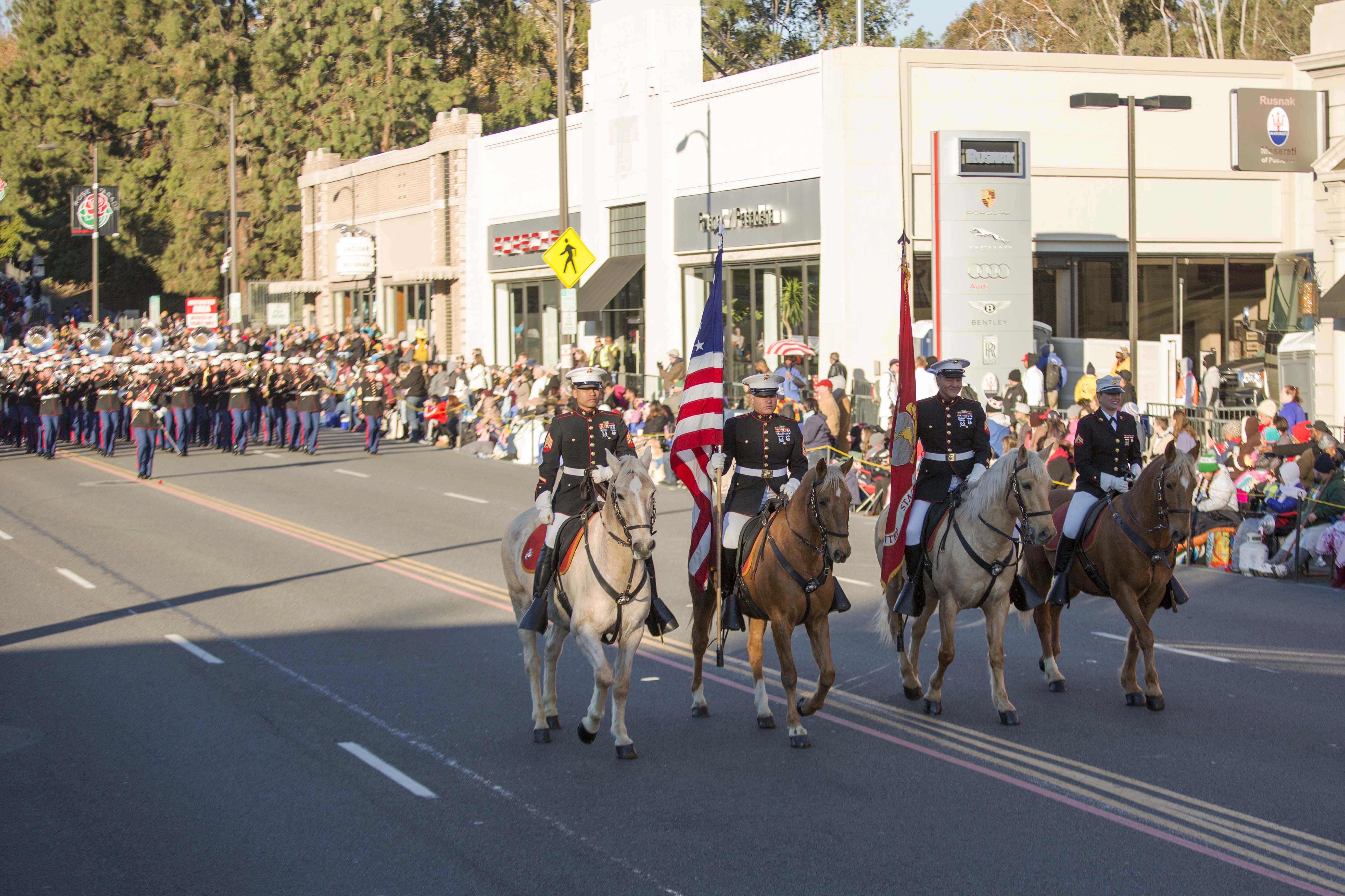 Mounted Color Guard leads the 127th Tournament of Roses Parade