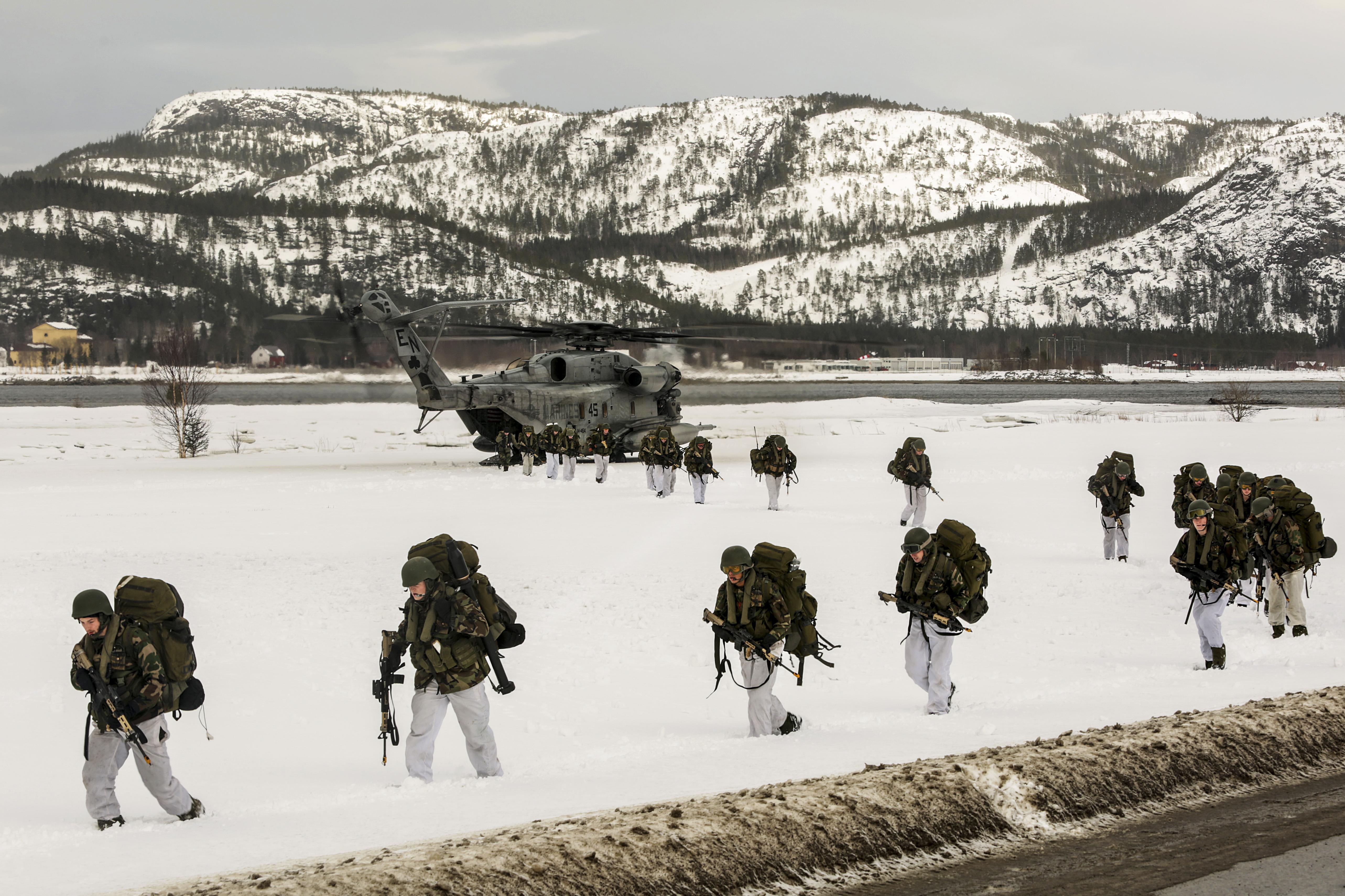 USMC, Norwegian, Dutch and UK troops training near Namsos, Norway on ...