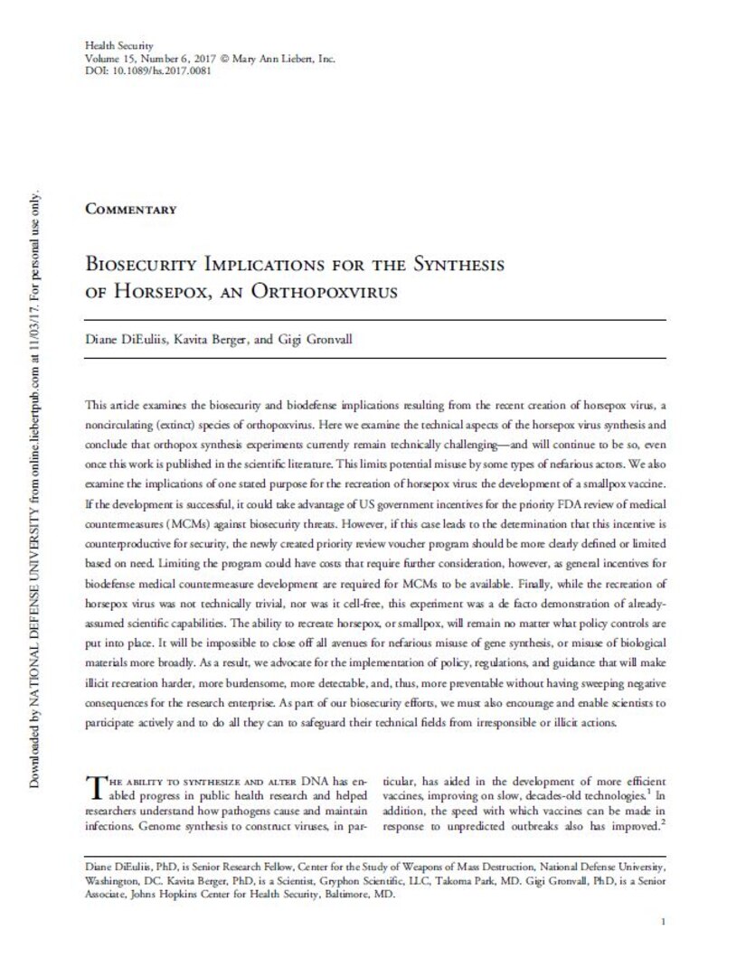 Biosecurity Implications for the Synthesis of Horsepox, an ...