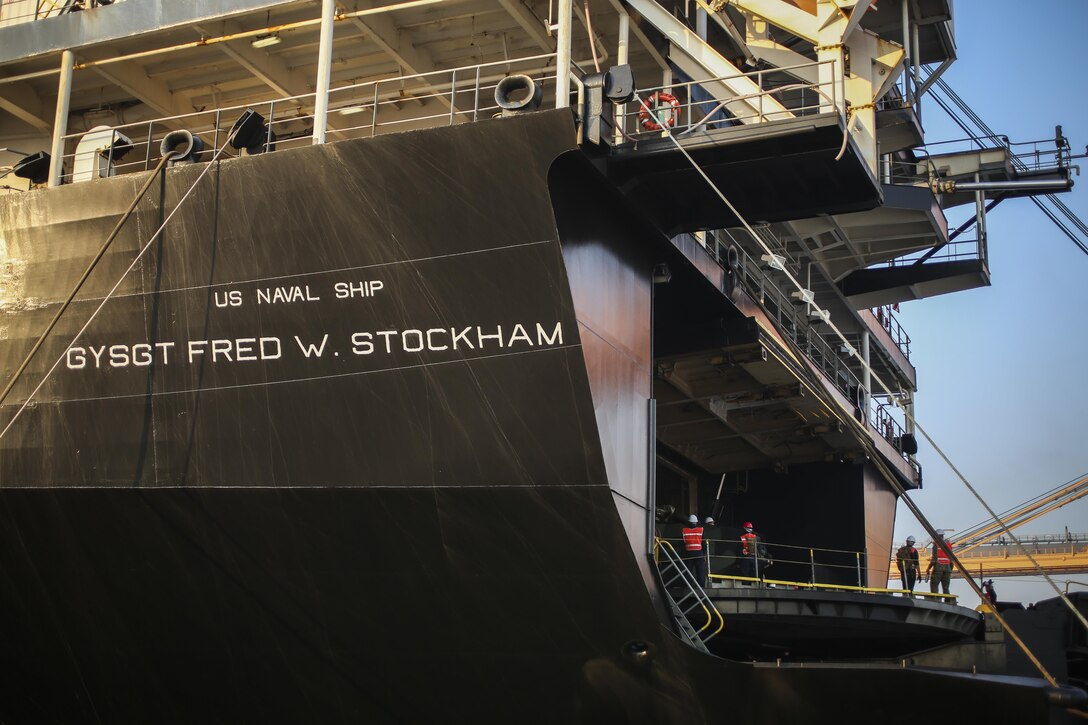 Offloading Begins on the USNS Gunnery Sgt. Fred W. Stockham During ...