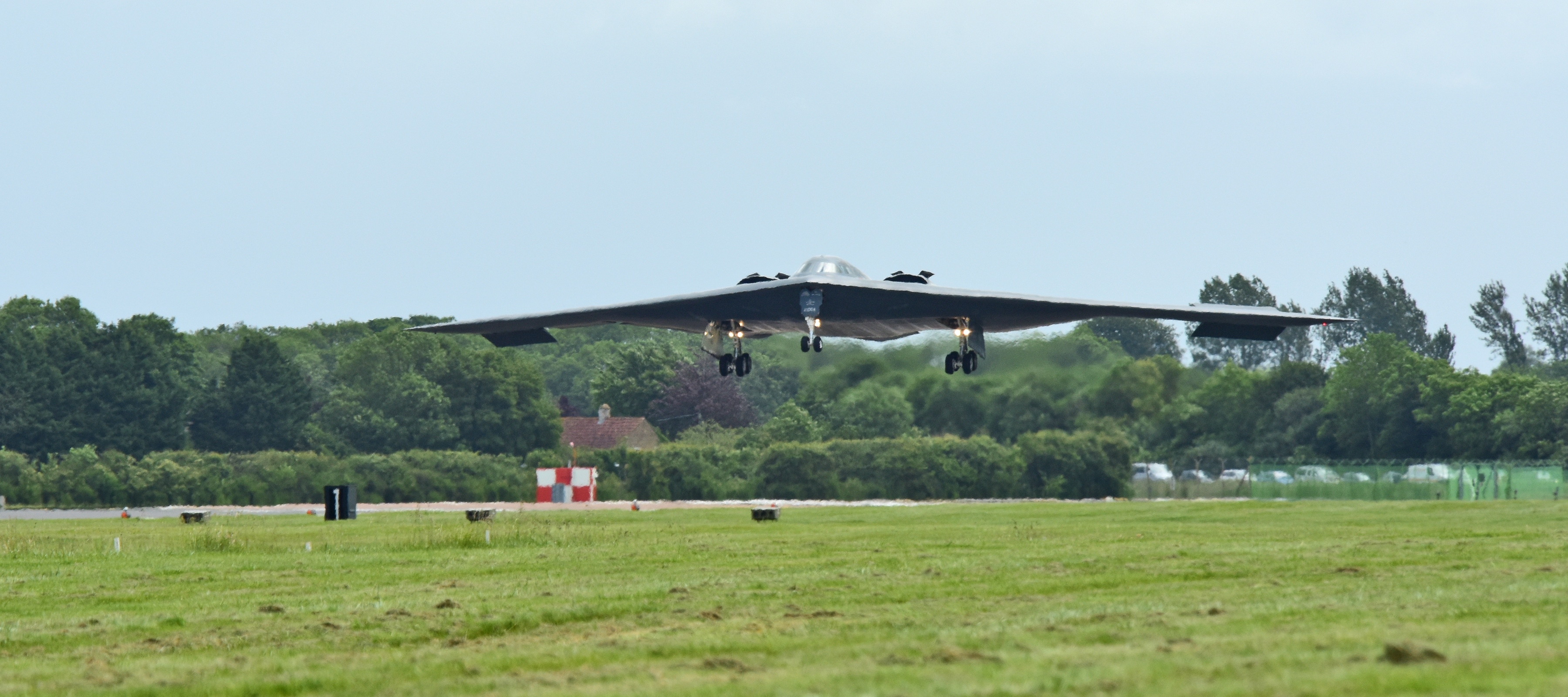 A B-2 Spirit approaches the runway at RAF Fairford, U.K.