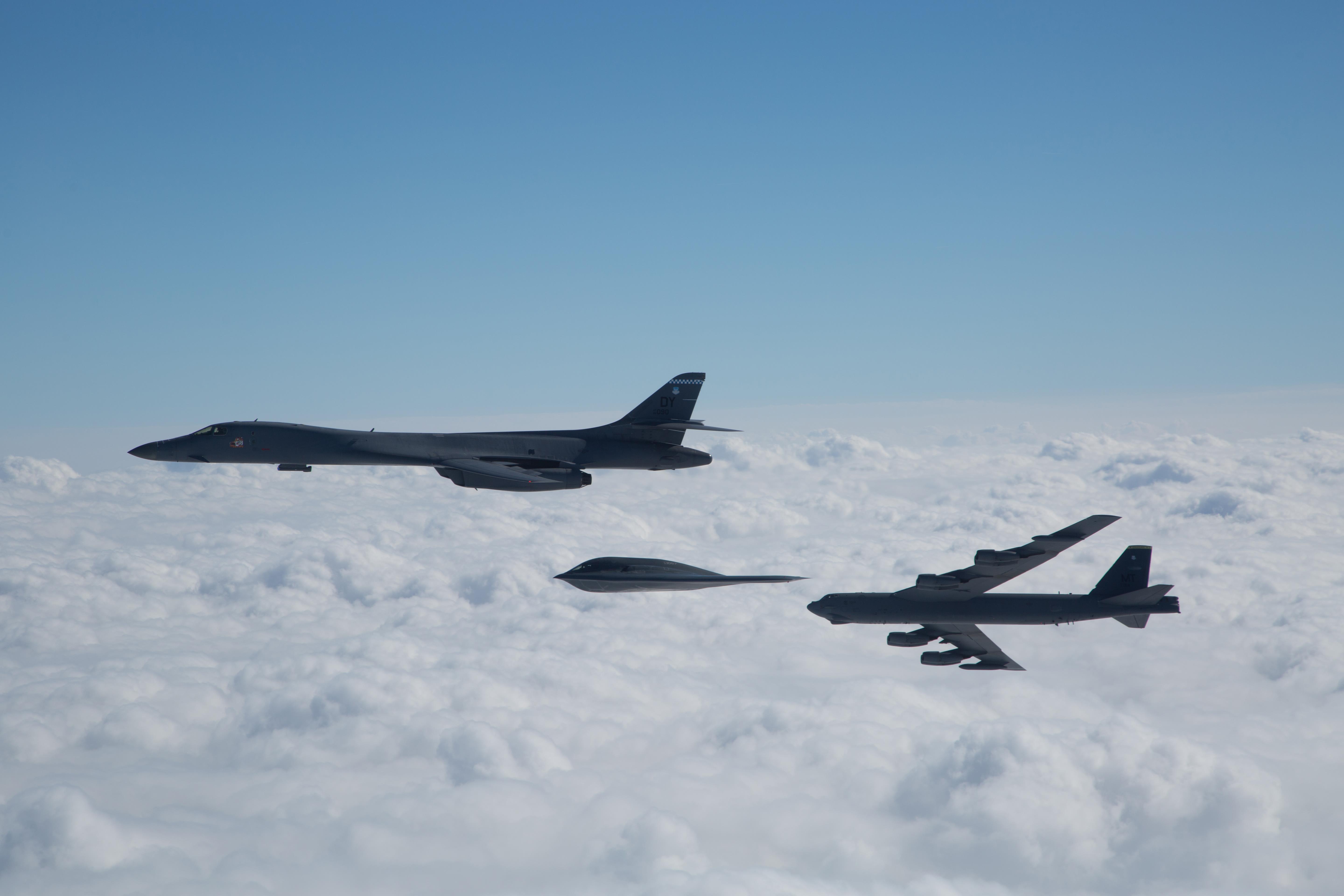 A Three ship Bomber Formation Composed Of A B 1B Lancer B 2 Spirit And