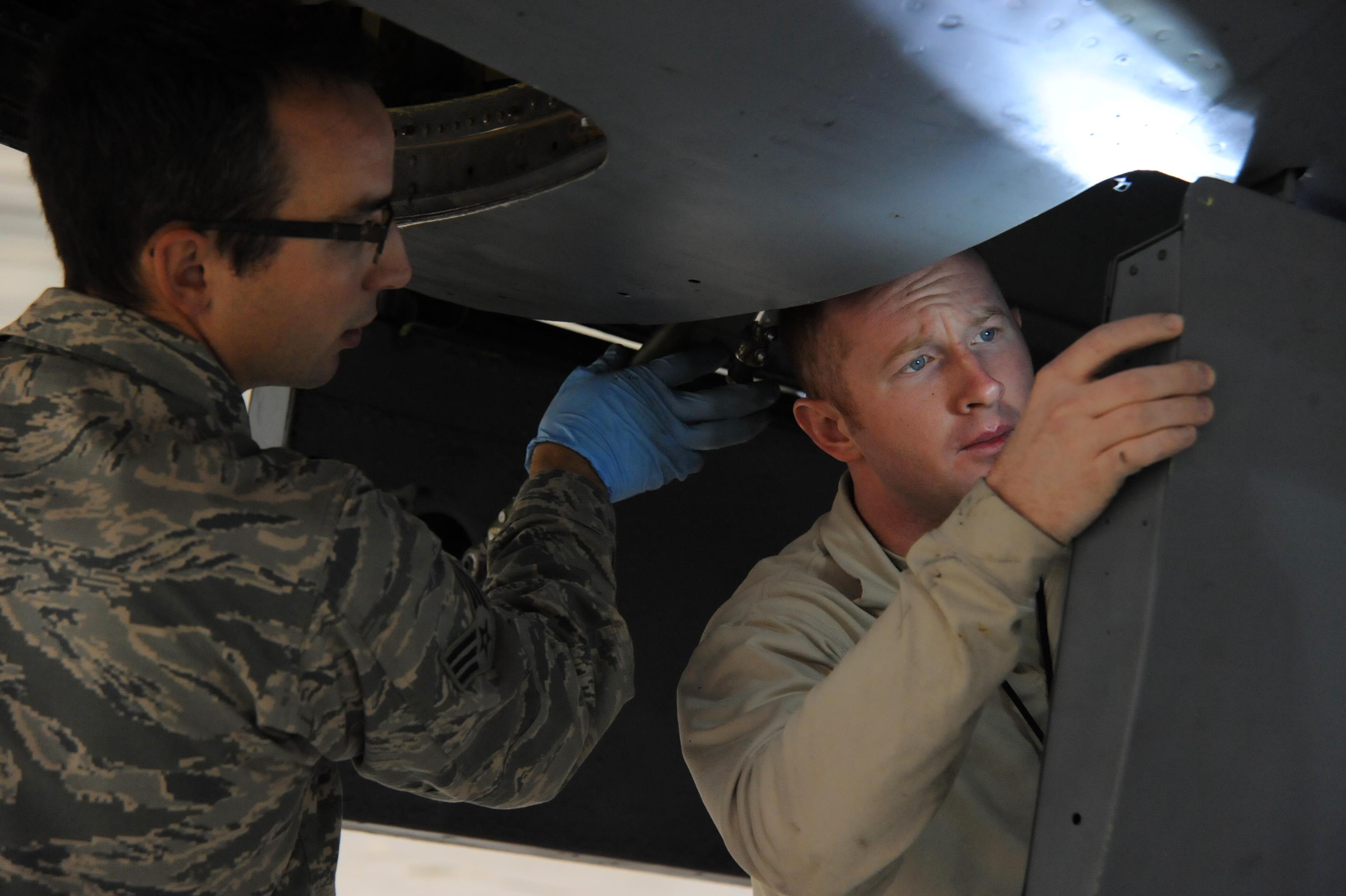 Maintenance Airmen perform safety inspections