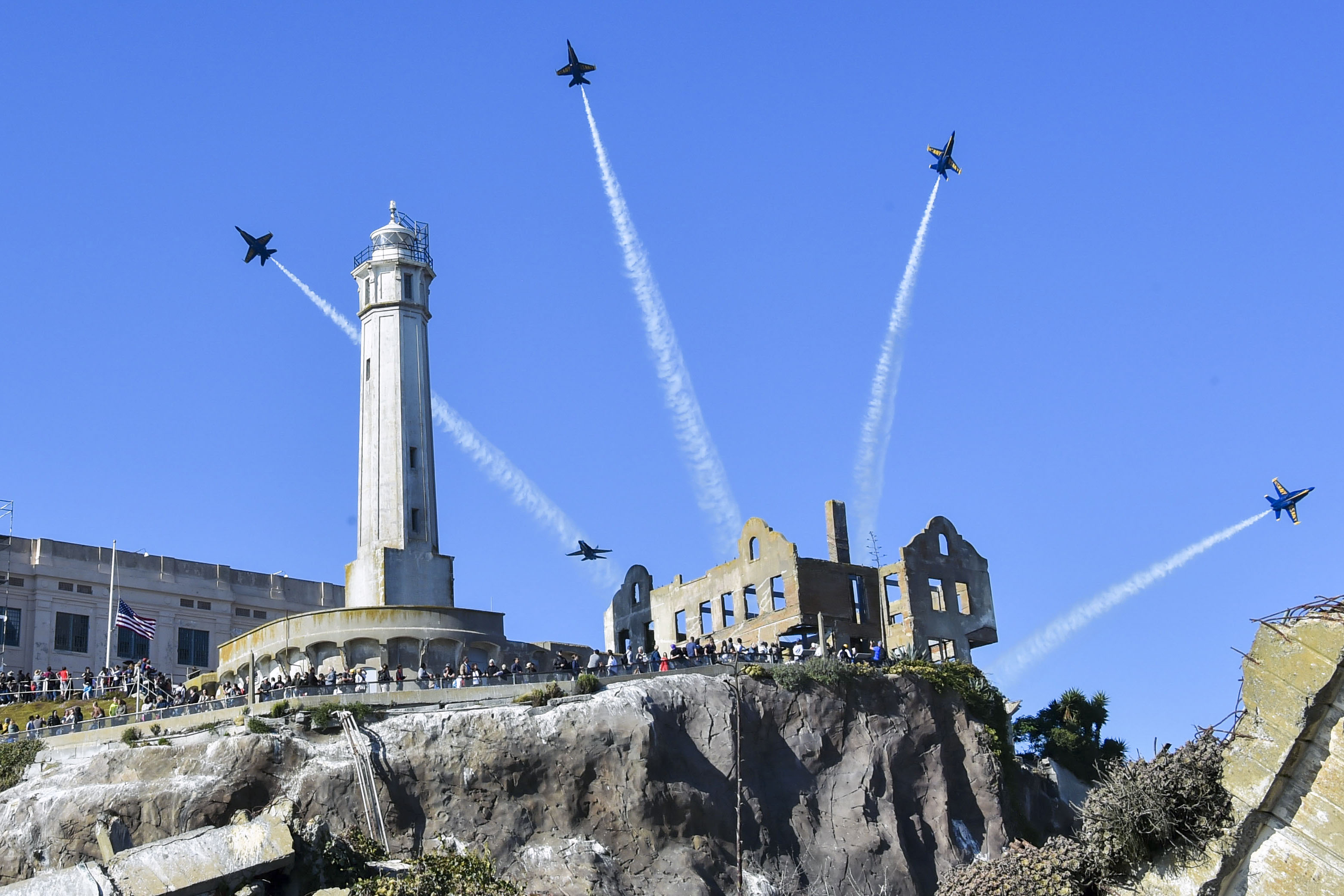 The Blue Angels perform over Alcatraz Island during Fleet Week in San ...