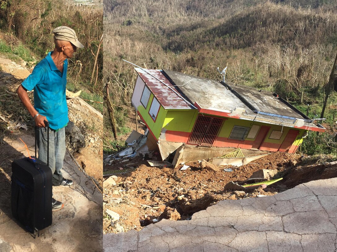 A man looks down at his collapsed house while holding a suitcase in ...