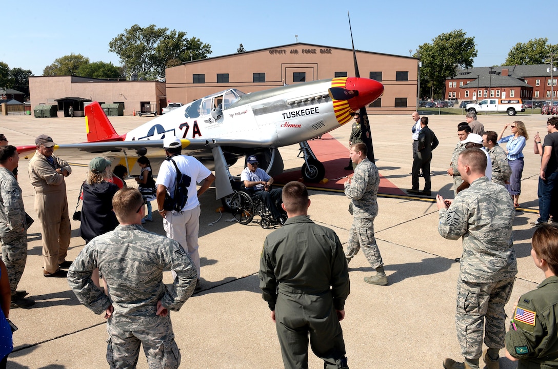 P-51 Mustang from Red Tail Squadron, original Tuskegee Airman visit Offutt