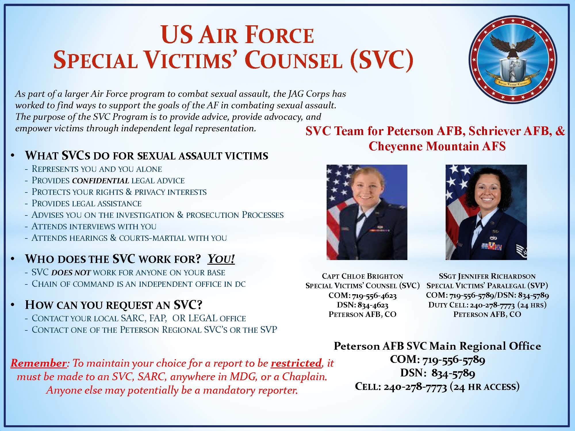 ADC, SVC provide independent legal assistance > Peterson and Schriever ...