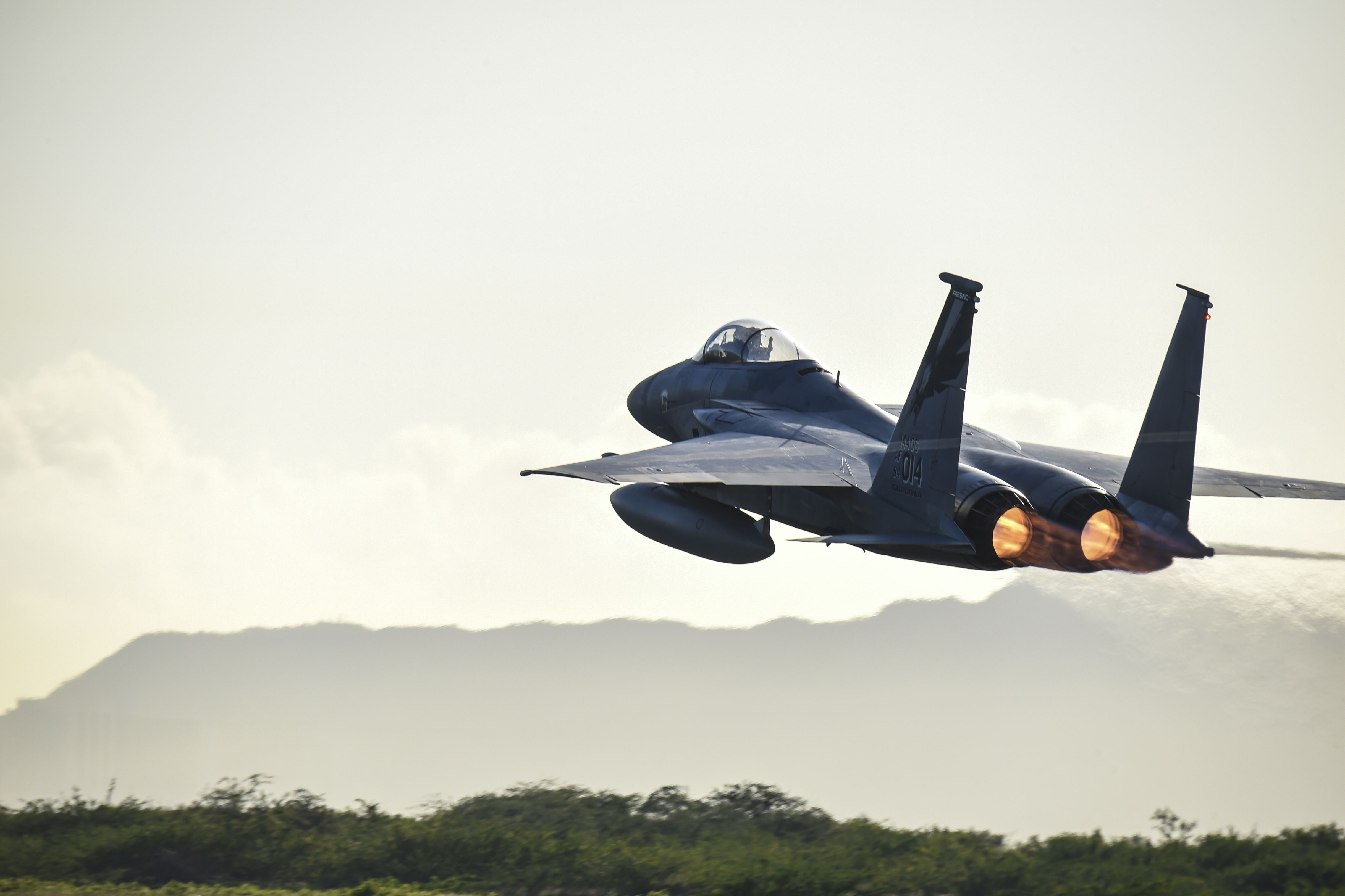 An Air Force F-15 Eagle fighter jet takes off during Sentry Aloha 18-01 at Joint Base Pearl ...