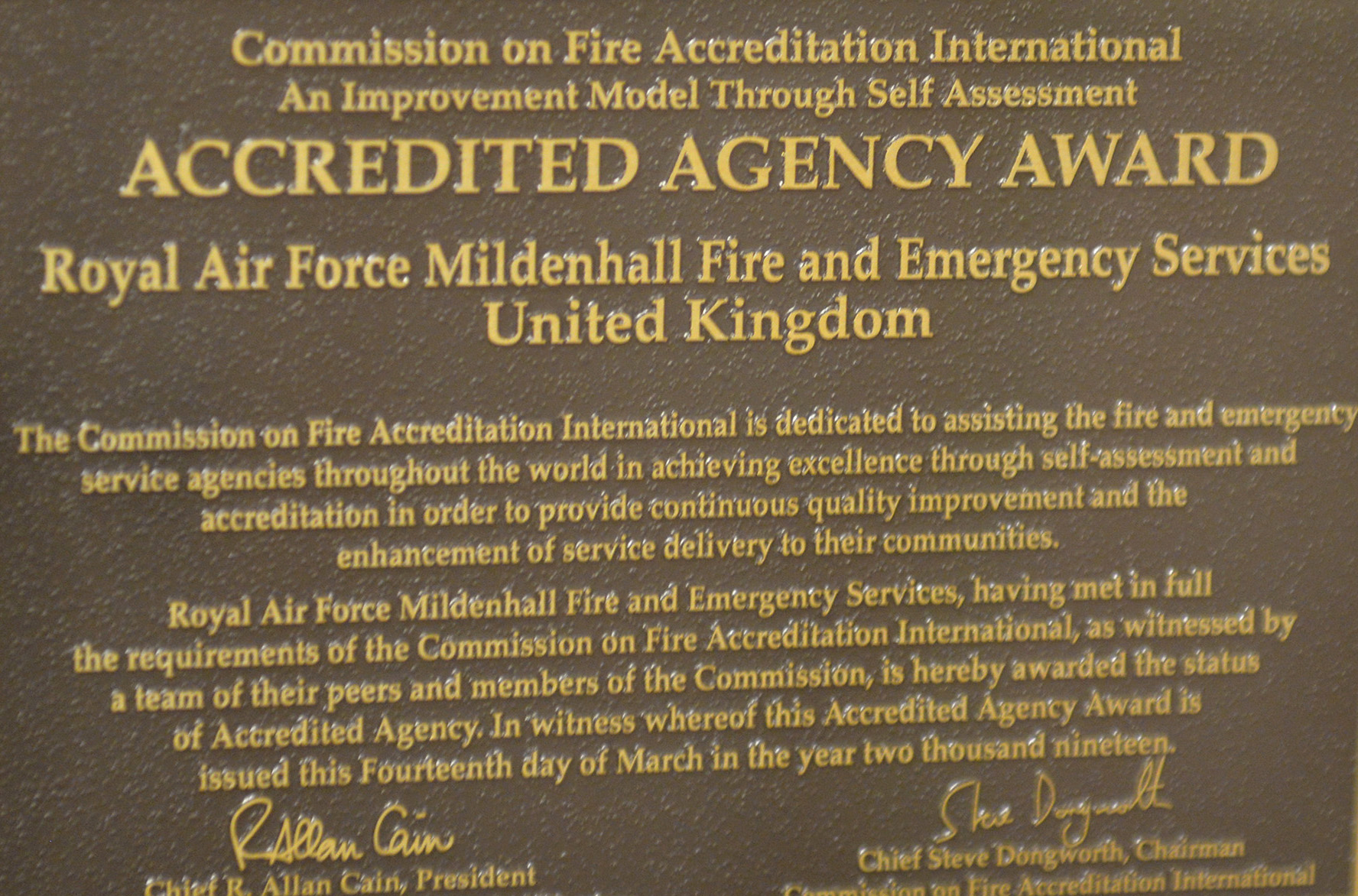 RAF Mildenhall Fire Department earns international accreditation status ...