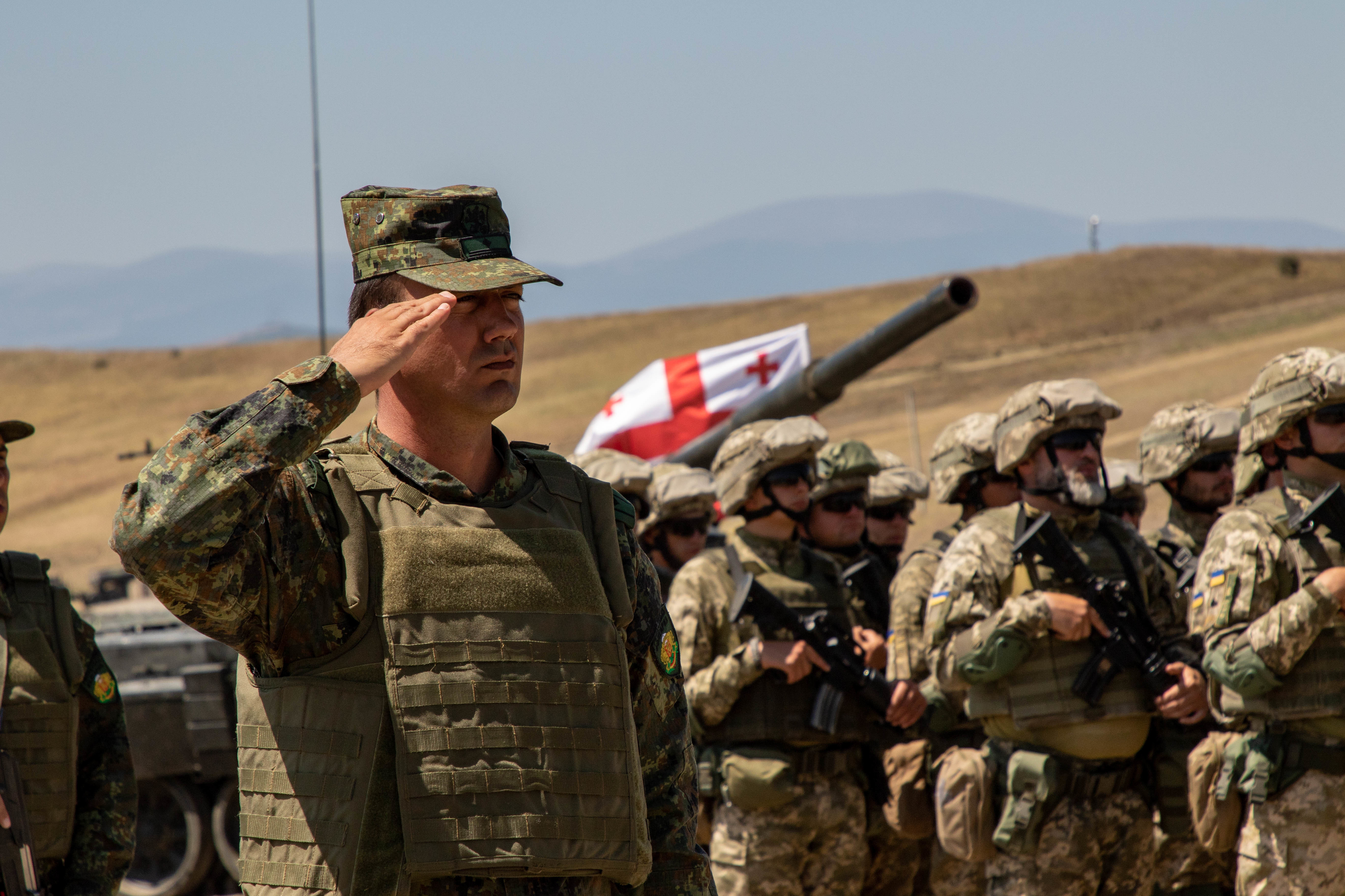 A Bulgarian soldier salutes during the closing ceremony of Agile Spirit