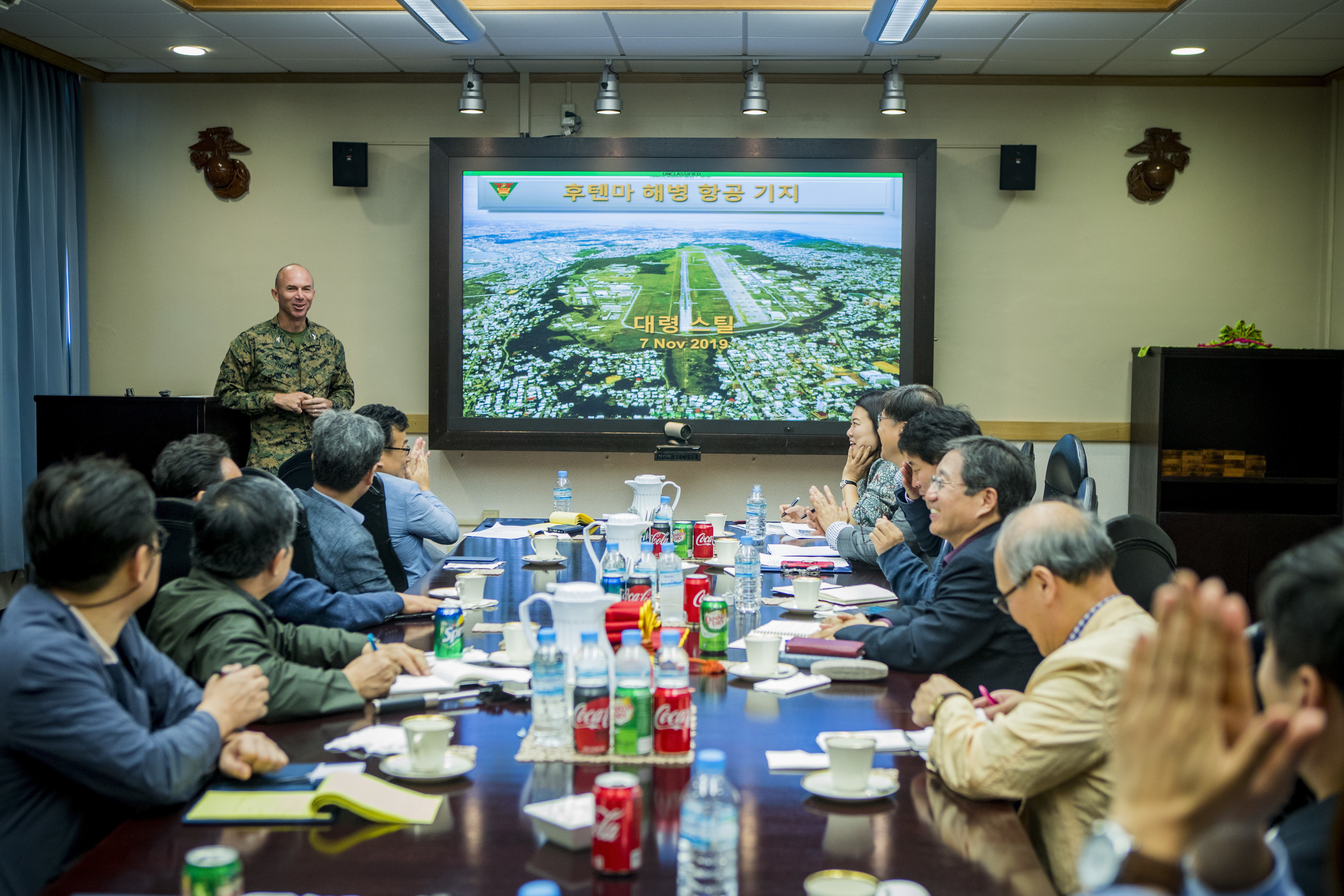 Marine Corps Air Station (MCAS) Futenma gives a brief to journalists ...