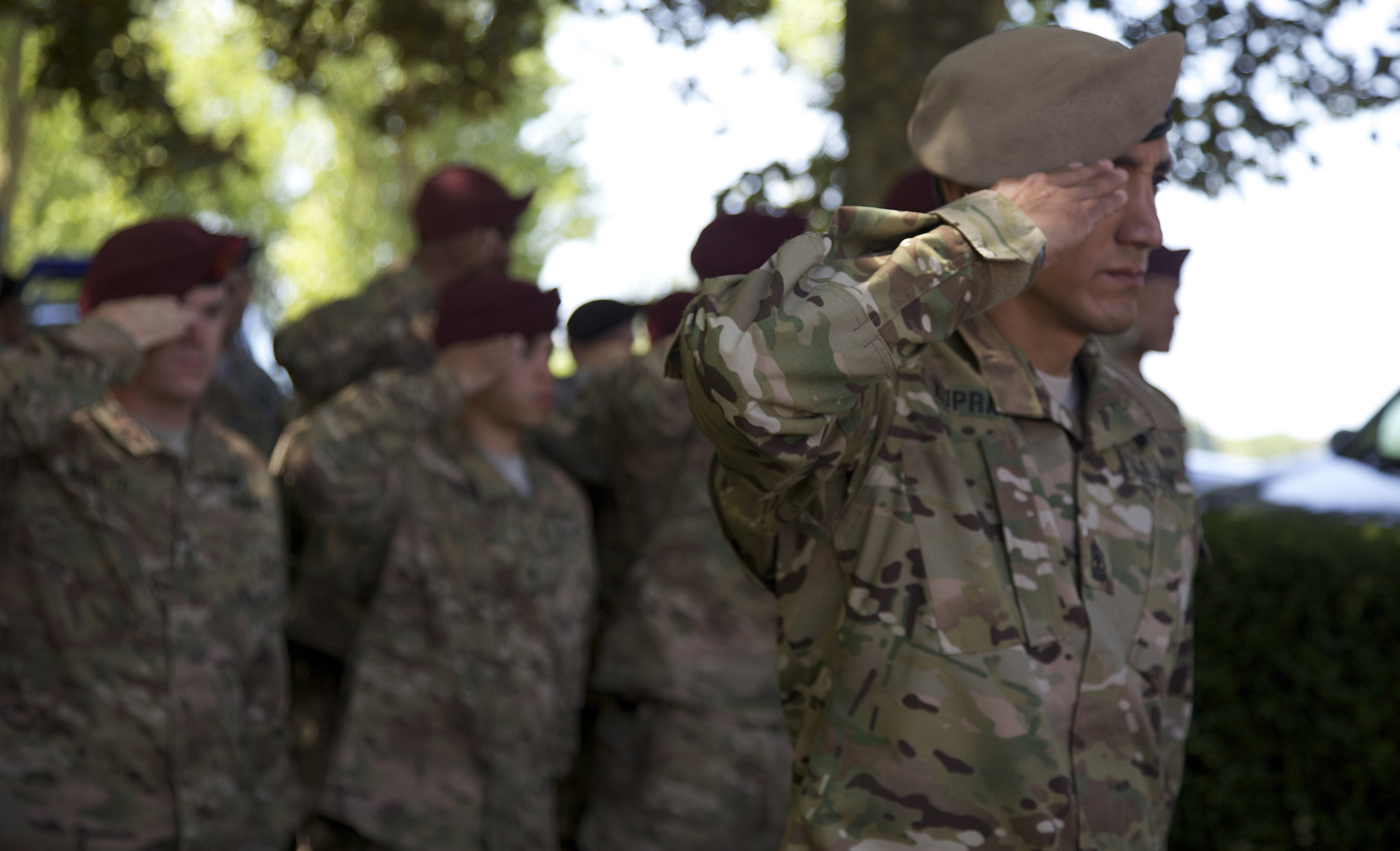 1st Sgt. Alex Kupratty of the 75th Ranger Regiment salutes during a ...