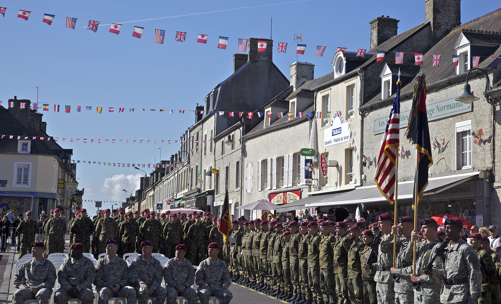 82nd Airborne Division Soldiers at a ceremony in Sainte-Mère-Église, France