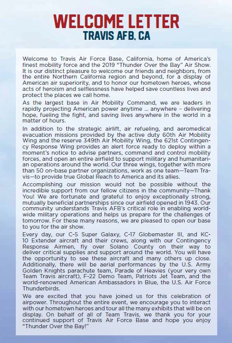 2019 Air Show Welcome Letter