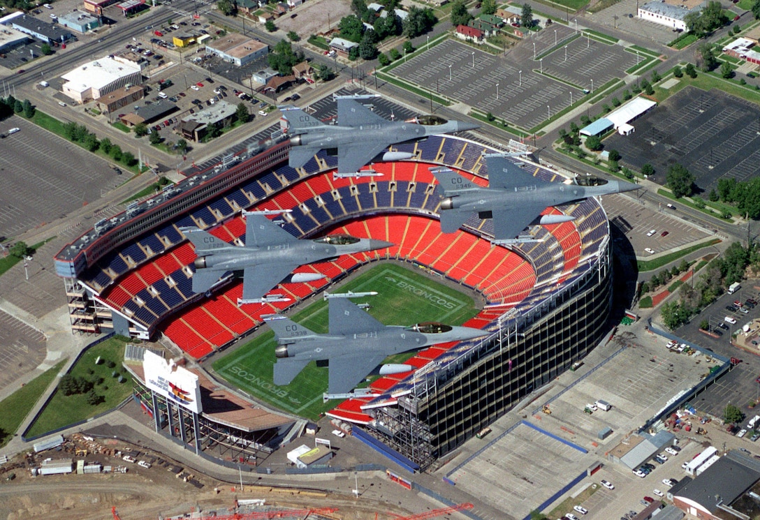 COANG F-16 Aircraft over the old Mile High stadium.