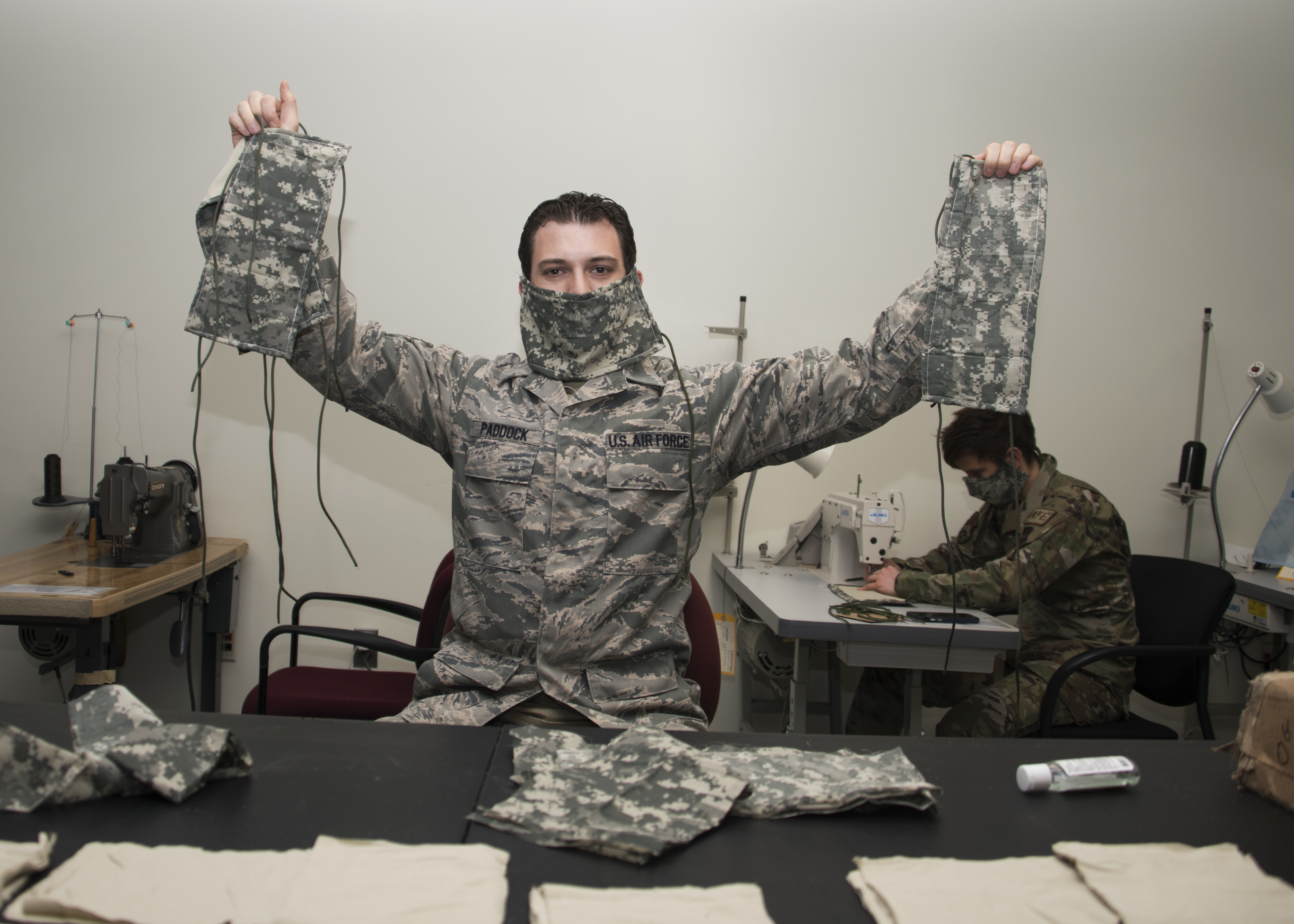 Aircrew Flight Equipment volunteers craft face masks for 459th personnel