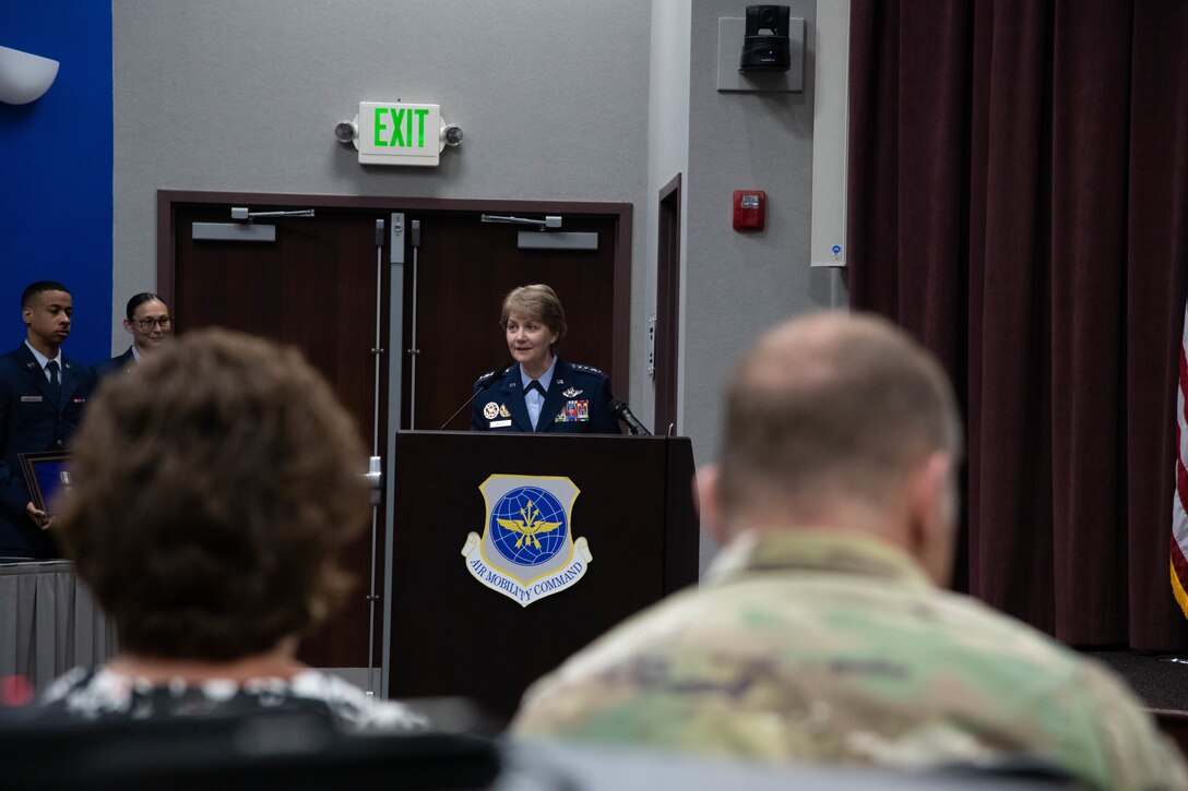 Gen. Maryanne Miller speaks during 18th Air Force Change of Command ...