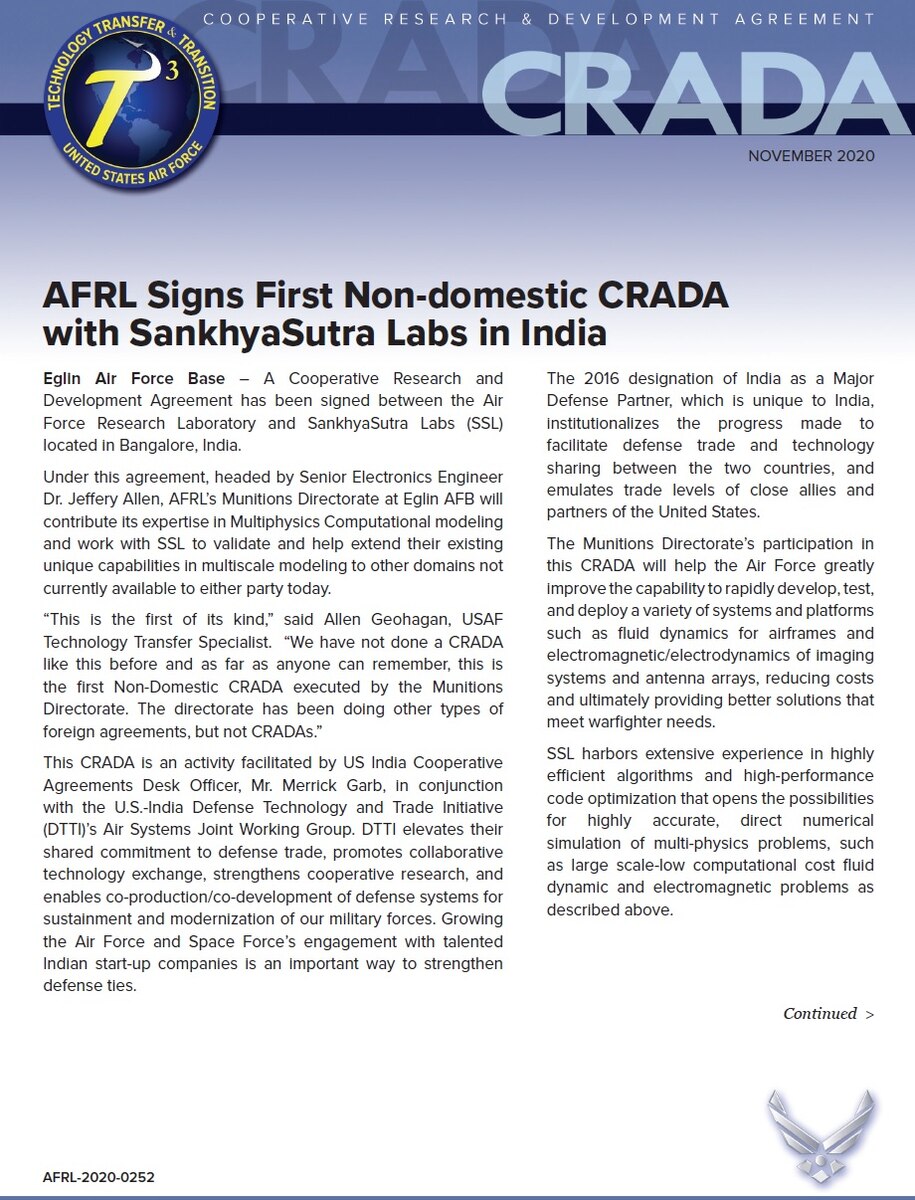 AFRL Signs First Non-domestic CRADA with SankhyaSutra Labs in India ...