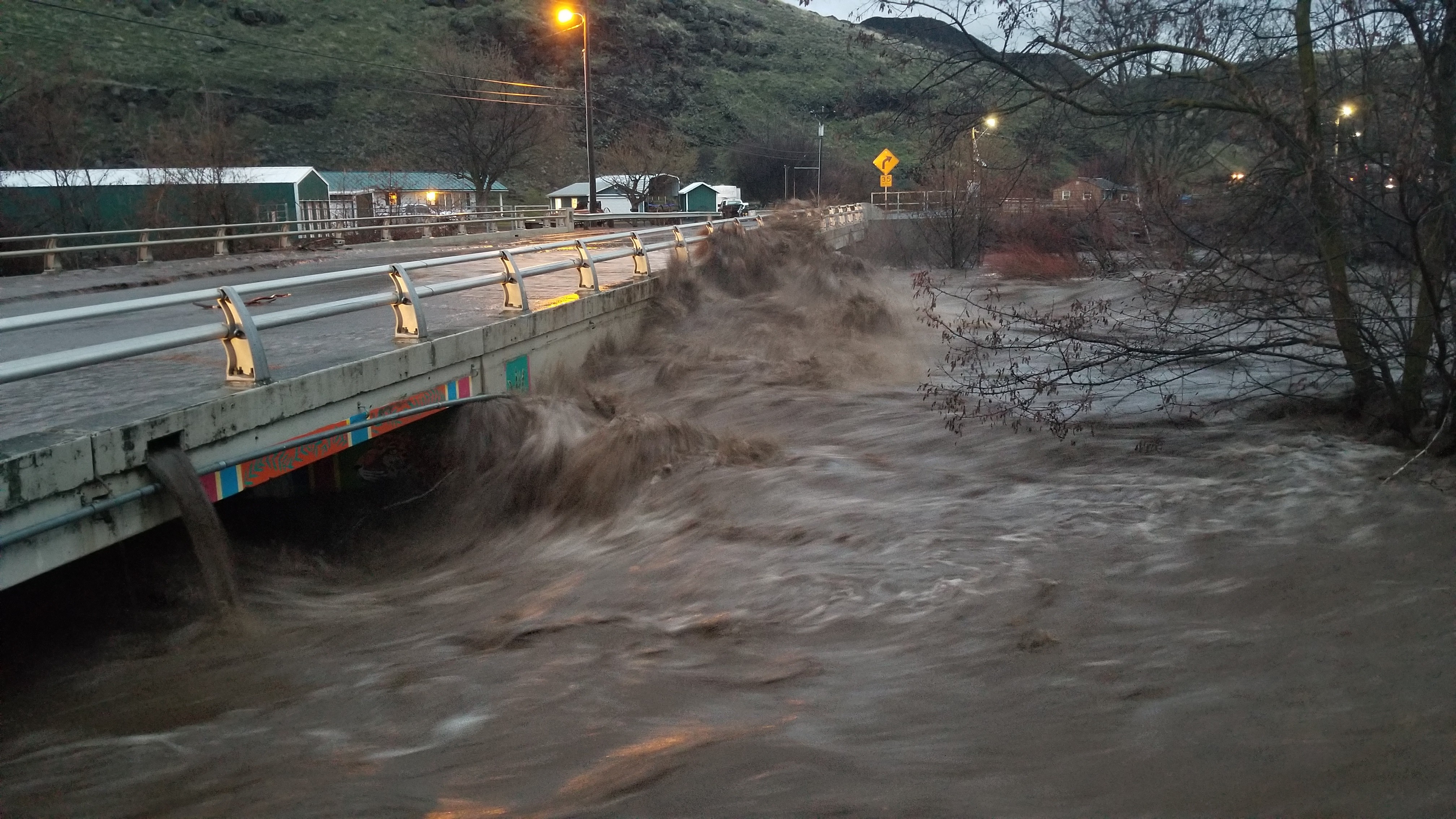 Water splashing up on a bridge in Milton Freewater, Feb. 7.