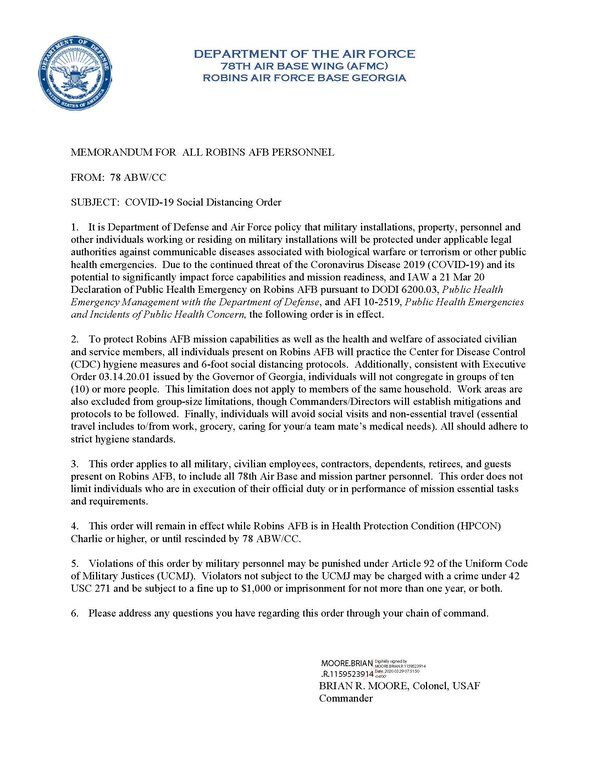 Robins COVID-19 Social Distancing Order > Edwards Air Force Base > News