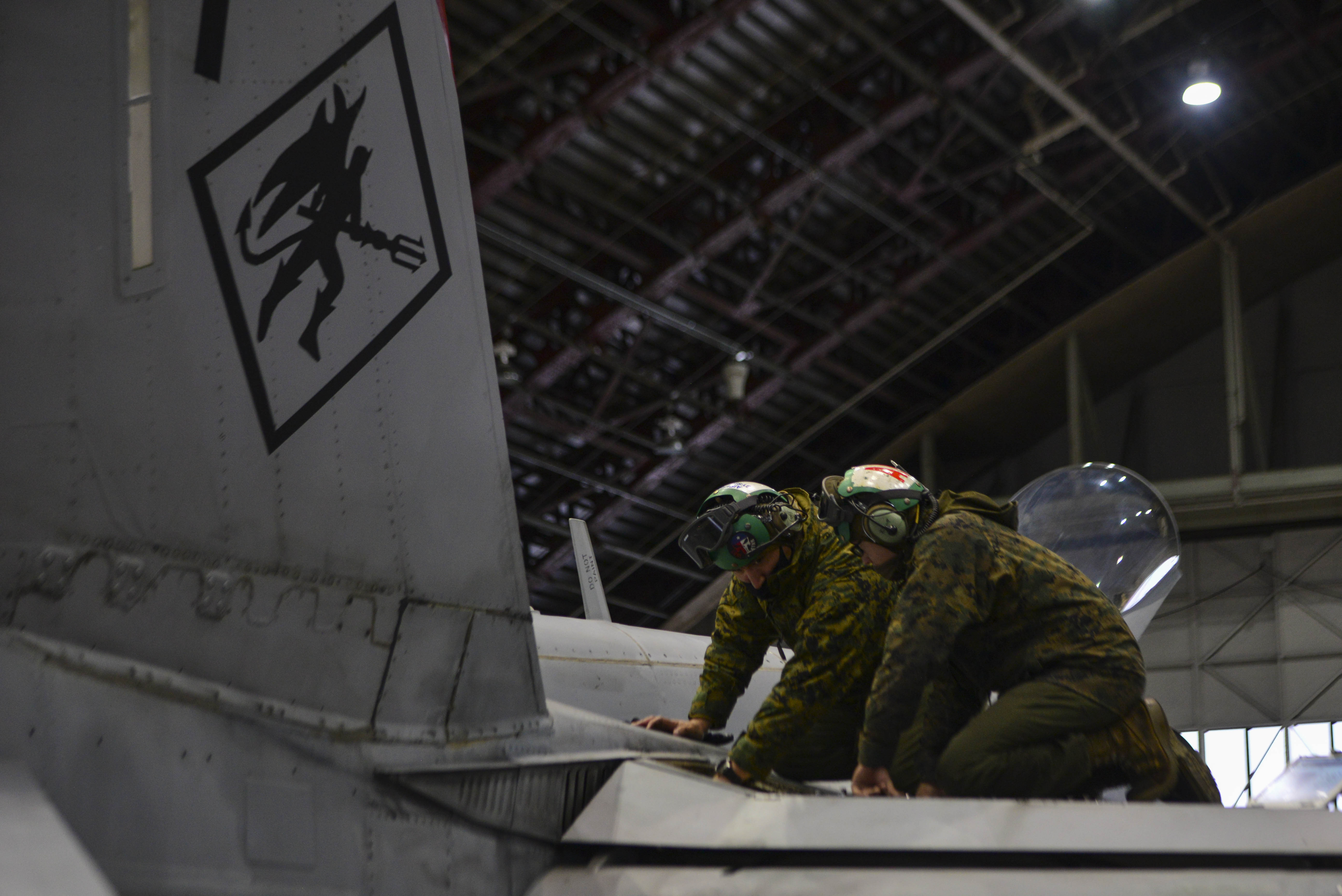 Marine Corps mechanics prep Hornets for take-off during RF-A 21-1 ...