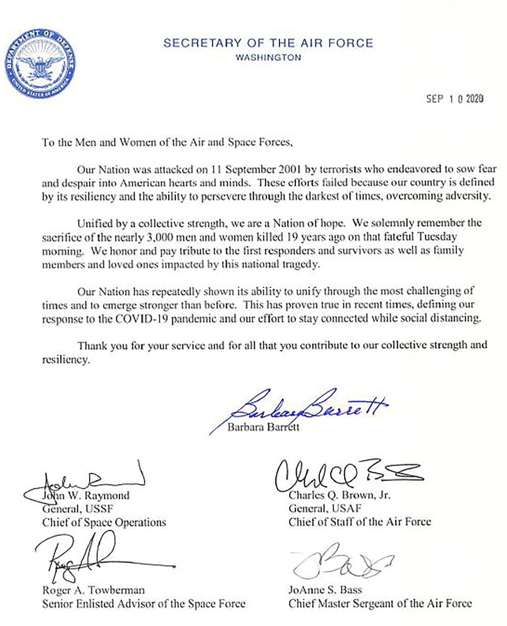 9/11 Message from SECAF > 477th Fighter Group > Article Display