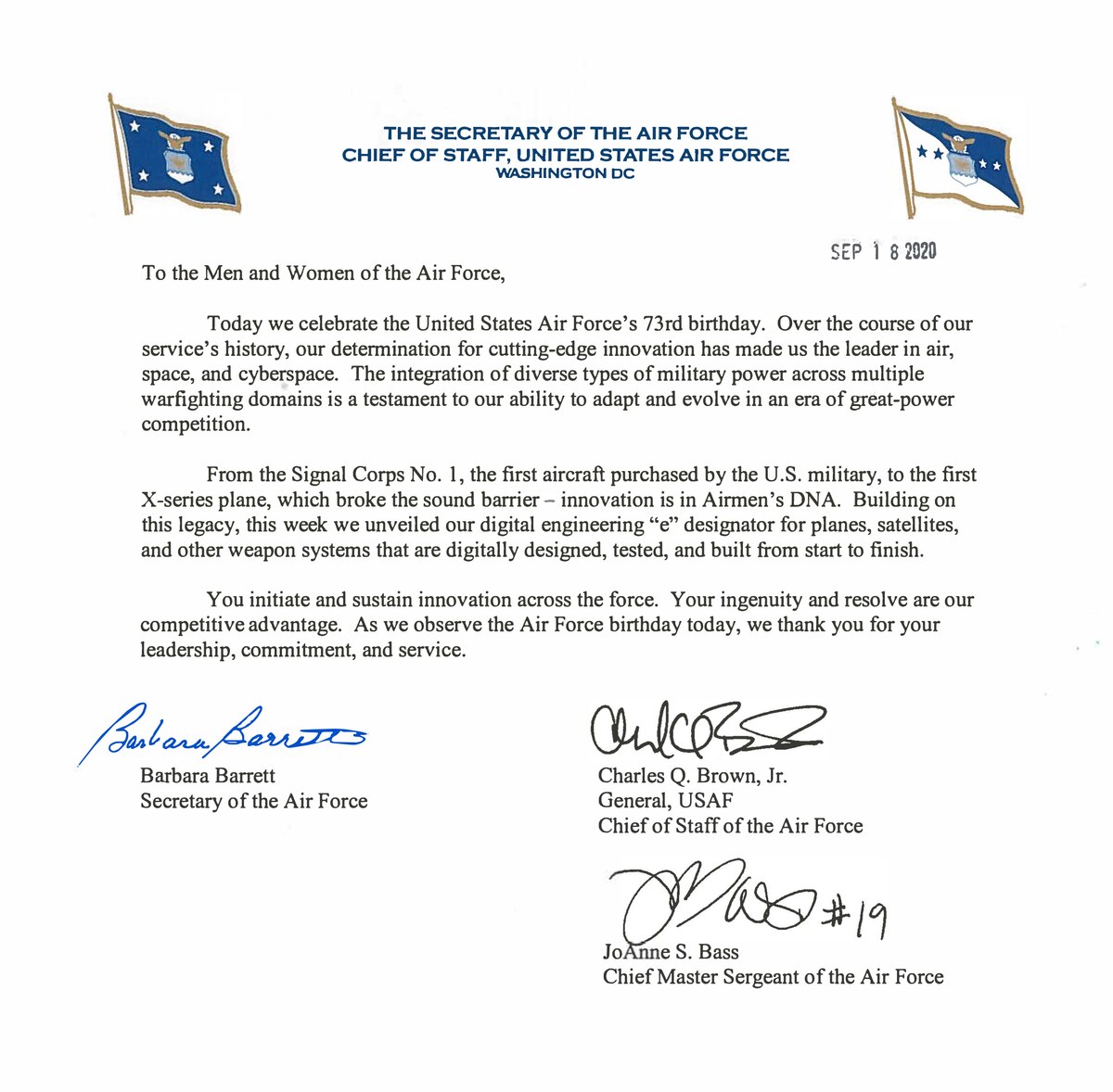 Air Force leadership deliver birthday letter > 315th Airlift Wing ...
