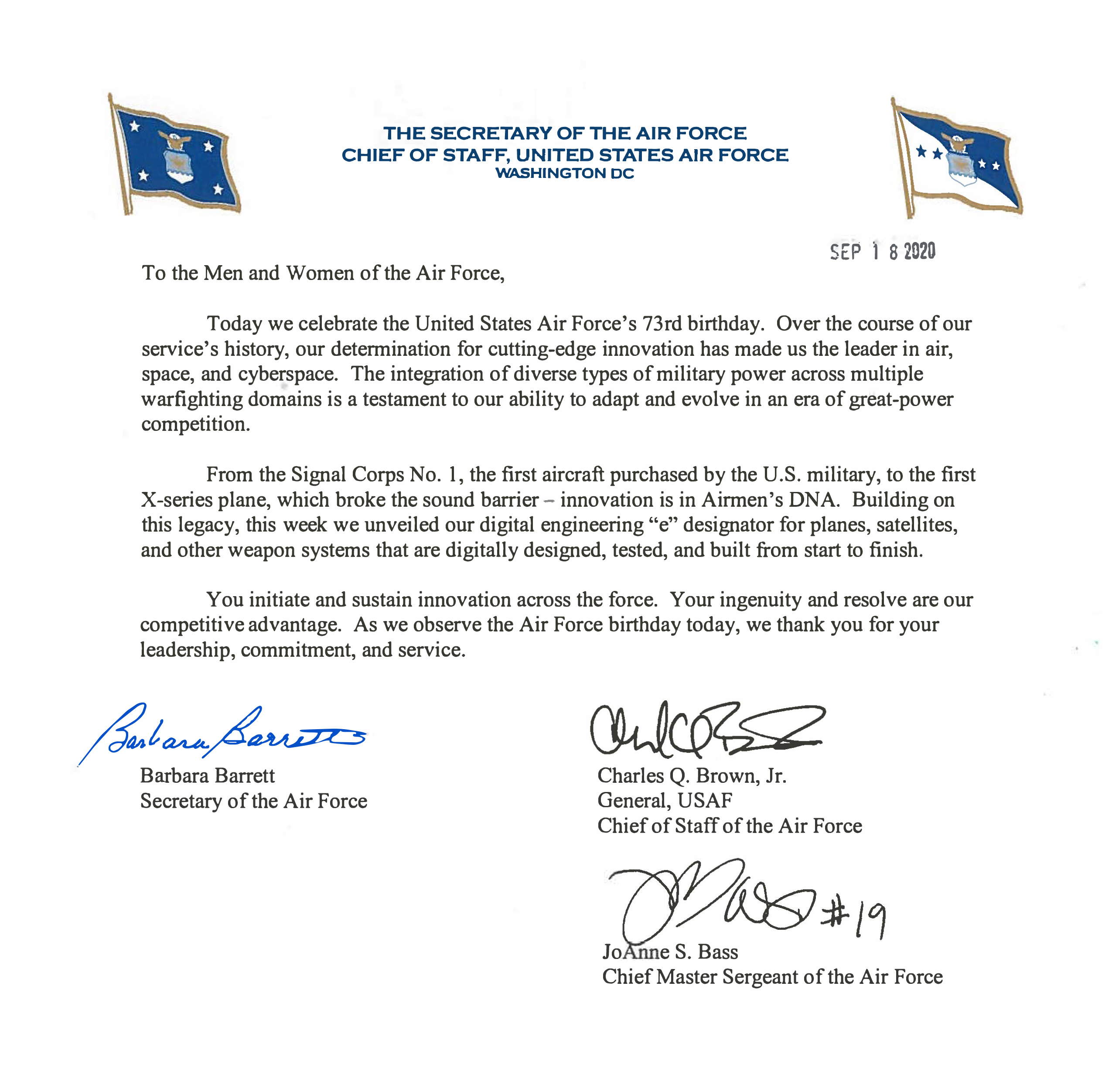 Air Force leadership deliver birthday letter > 960th Cyberspace Wing ...