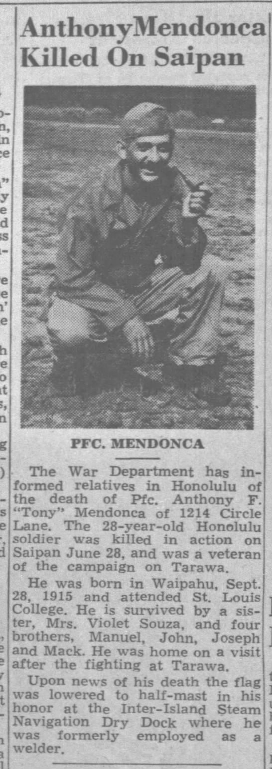 Soldier Accounted For From World War II (Mendonca, A.) > Defense POW ...