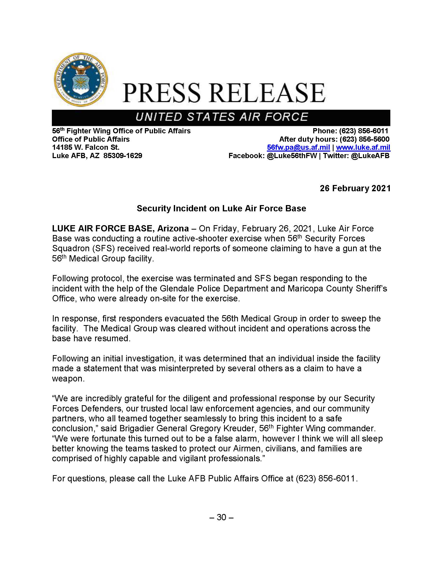 Security Incident on Luke Air Force Base > Luke Air Force Base ...