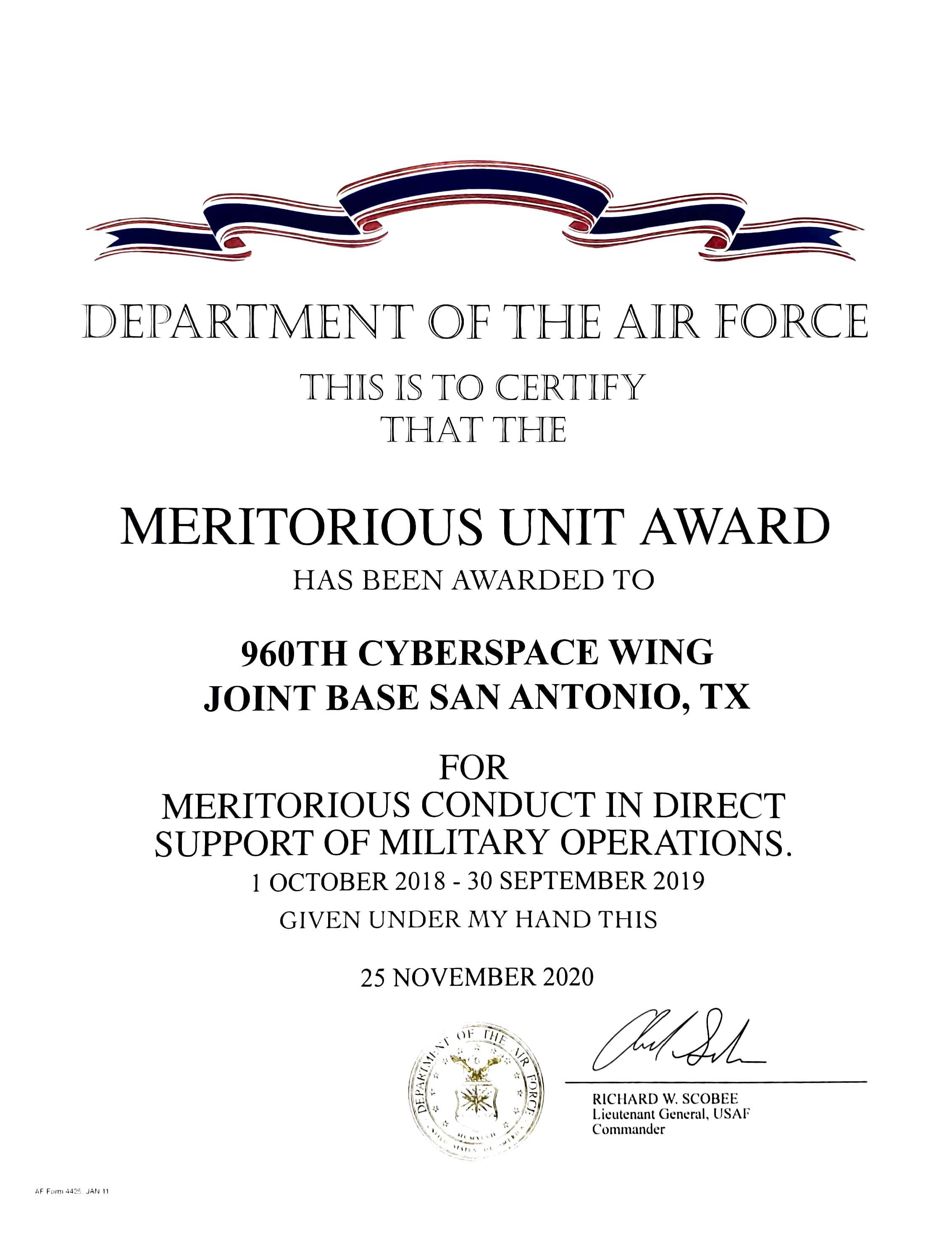 960th Cyberspace Wing awarded Meritorious Unit Award > 960th Cyberspace ...