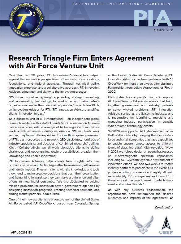 Research Triangle Firm Enters Agreement with Air Force Venture Unit > Department of the Air ...