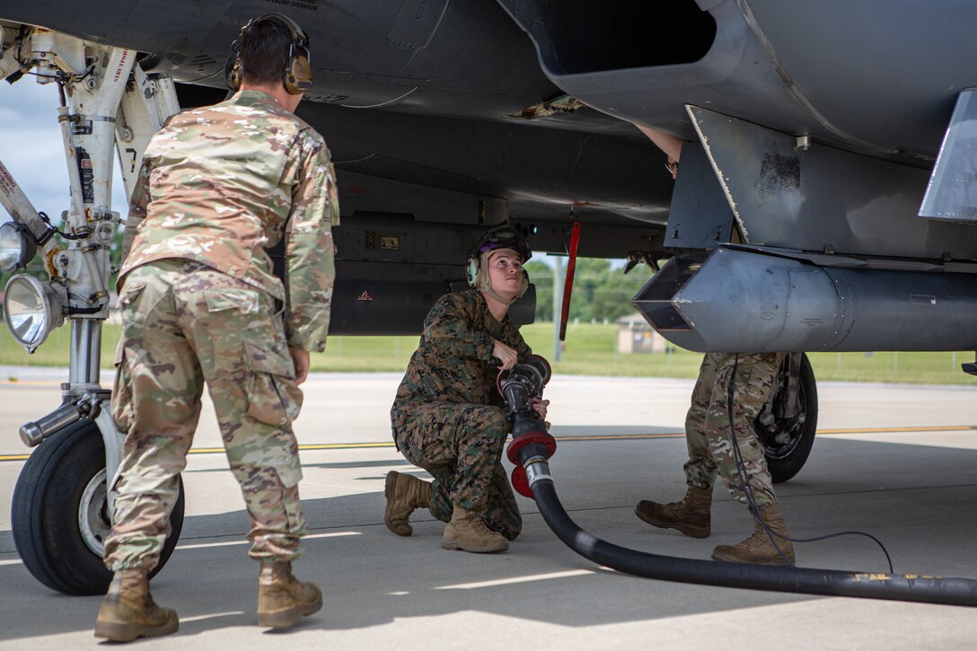 All Fueled Up: Marines and Airmen refuel F-15E Strike Eagles