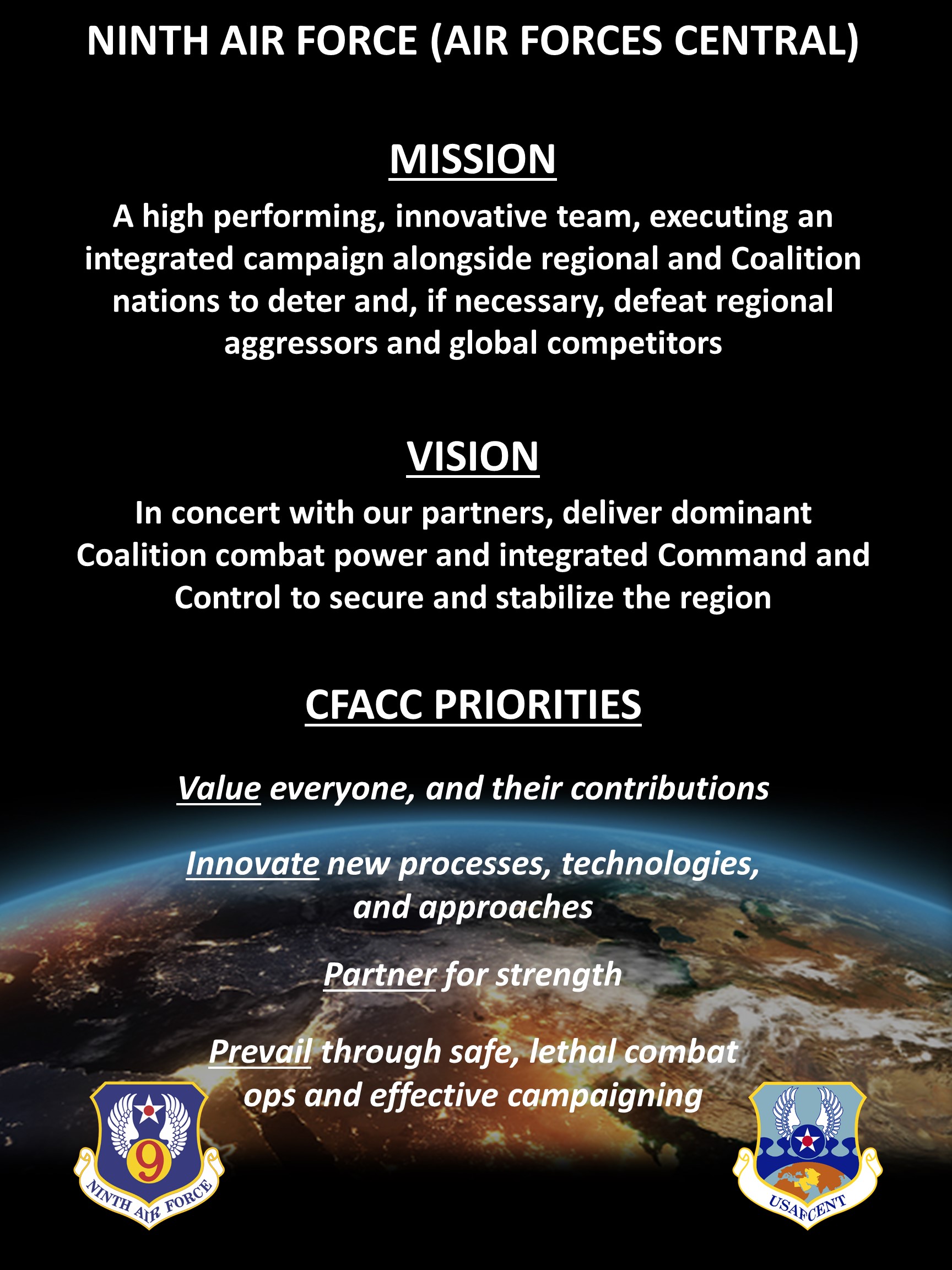 Ninth Air Force (Air Forces Central) Mission Vision and CFACC priorities