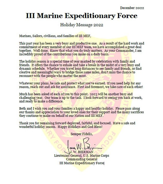 Holiday Message 2022 > III Marine Expeditionary Force > Article