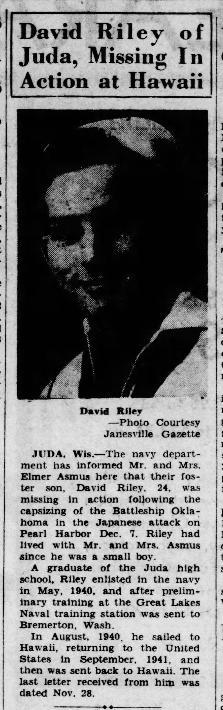USS Oklahoma Sailor Accounted For From WWII (Riley, D.) > Defense POW ...