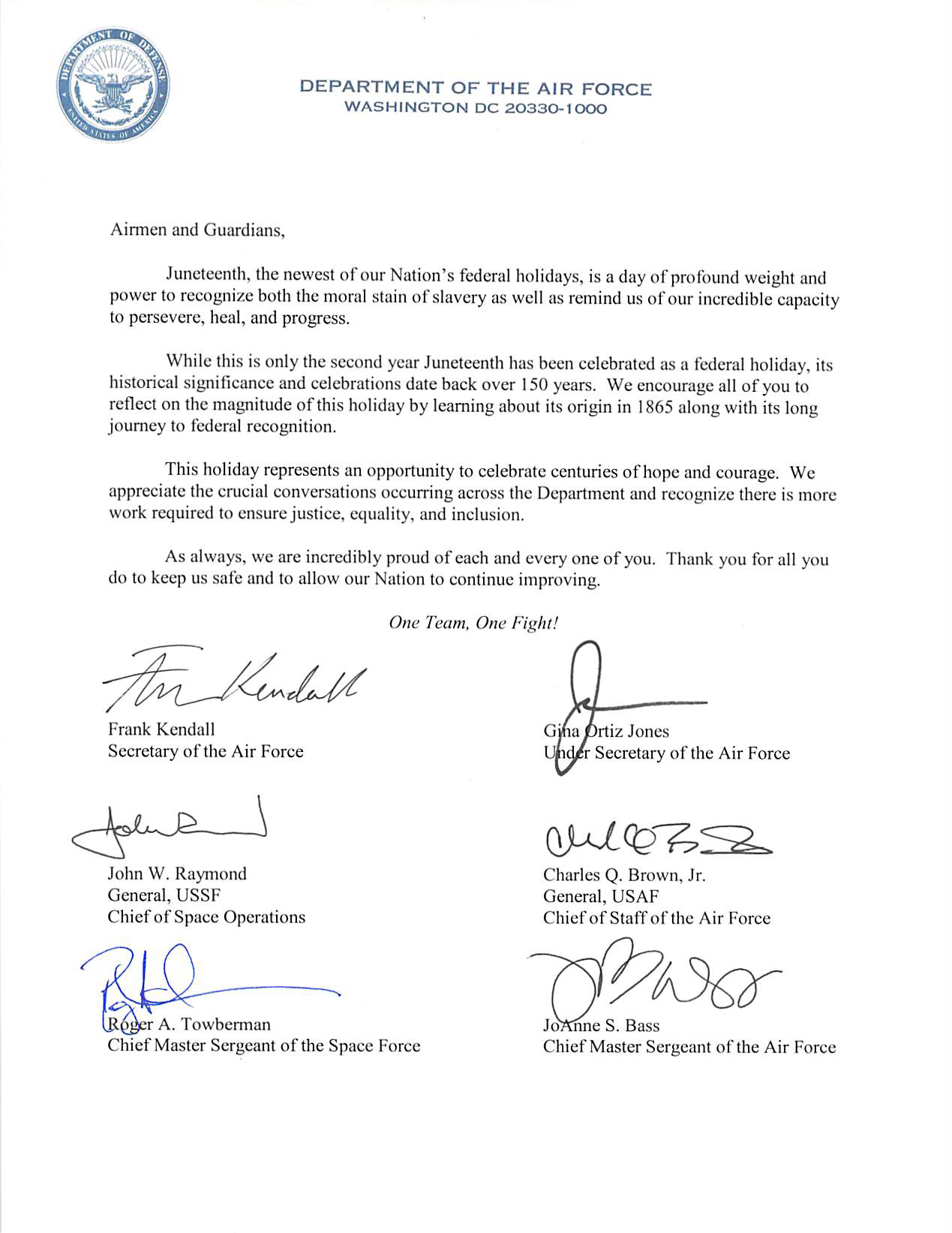Air Force leadership issues letter to force about Juneteenth.
