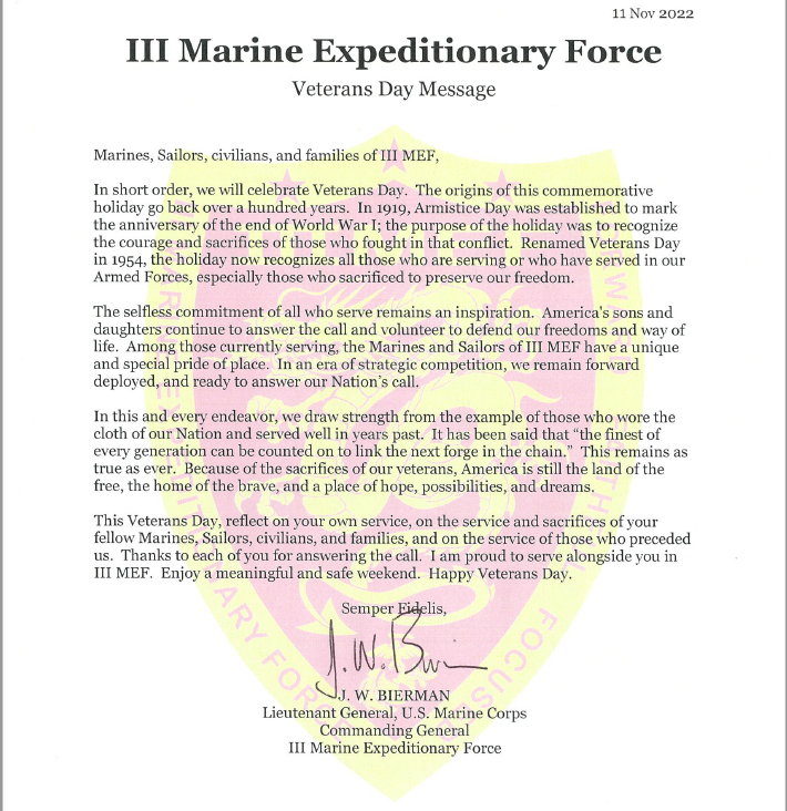 Commanding General's Veterans Day Message to the Force > III Marine ...