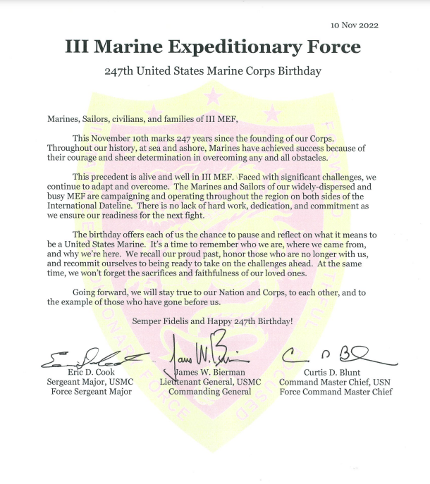 III MEF 247th Birthday Message > III Marine Expeditionary Force > III MIG