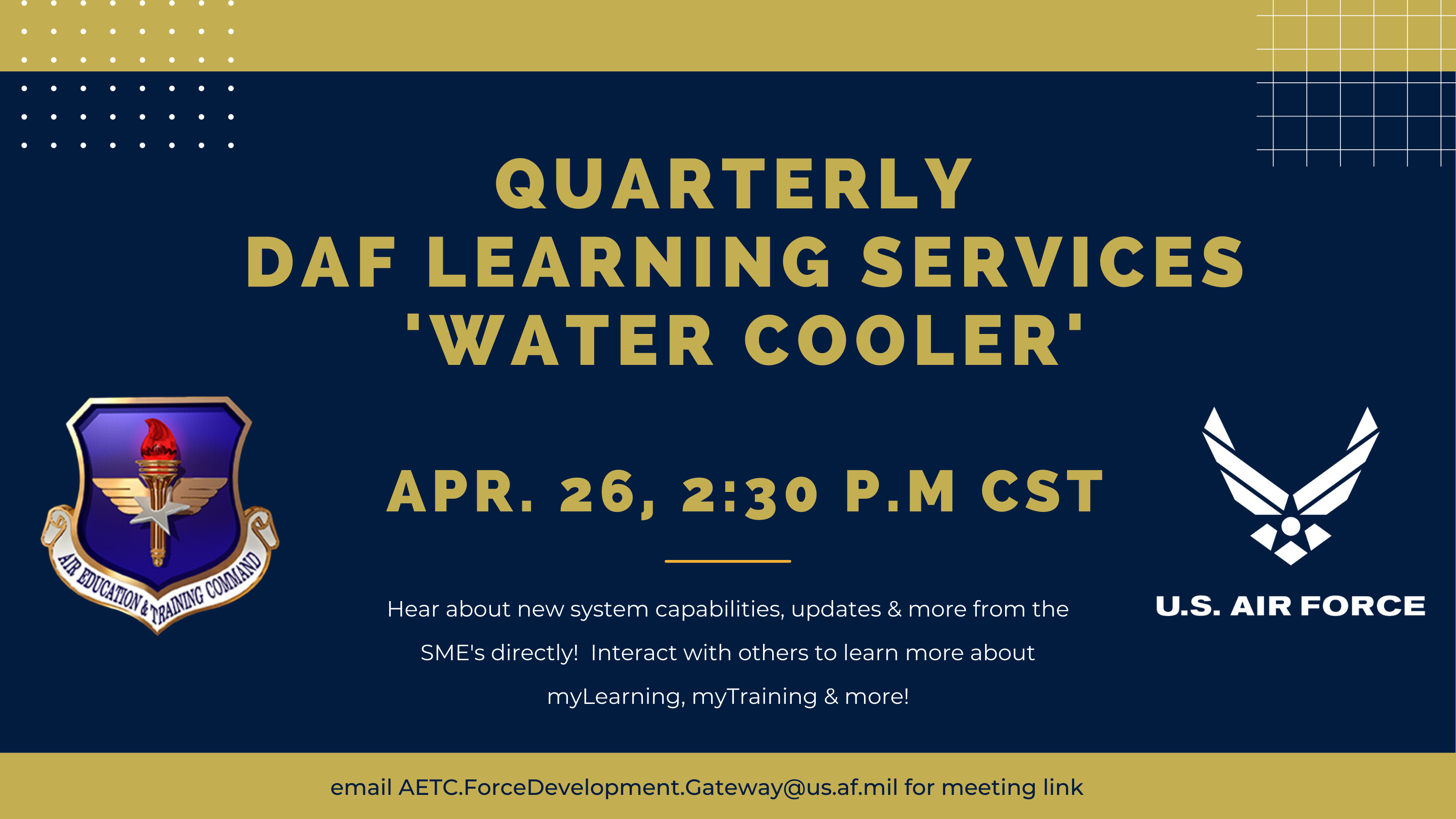 Airmen and Guardians invited to DAF Learning Services quarterly 'Water Cooler' Apr. 26 > Air ...