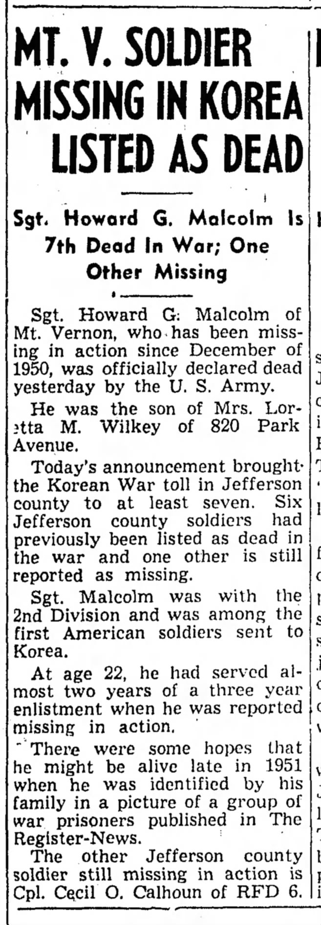 Soldier Accounted For From Korean War (Malcolm, H.) > Defense POW/MIA ...