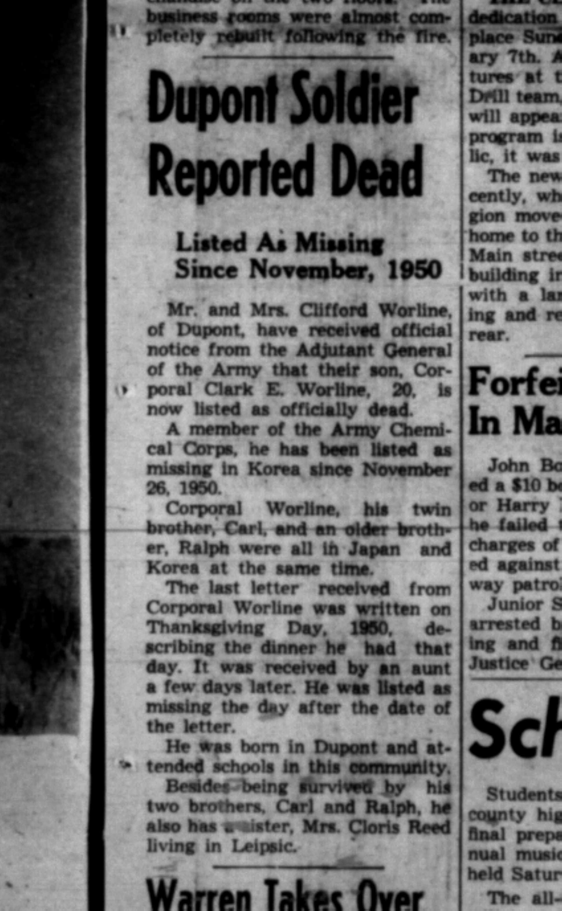 Soldier Accounted For From Korean War (Worline, C.) > Defense POW/MIA ...