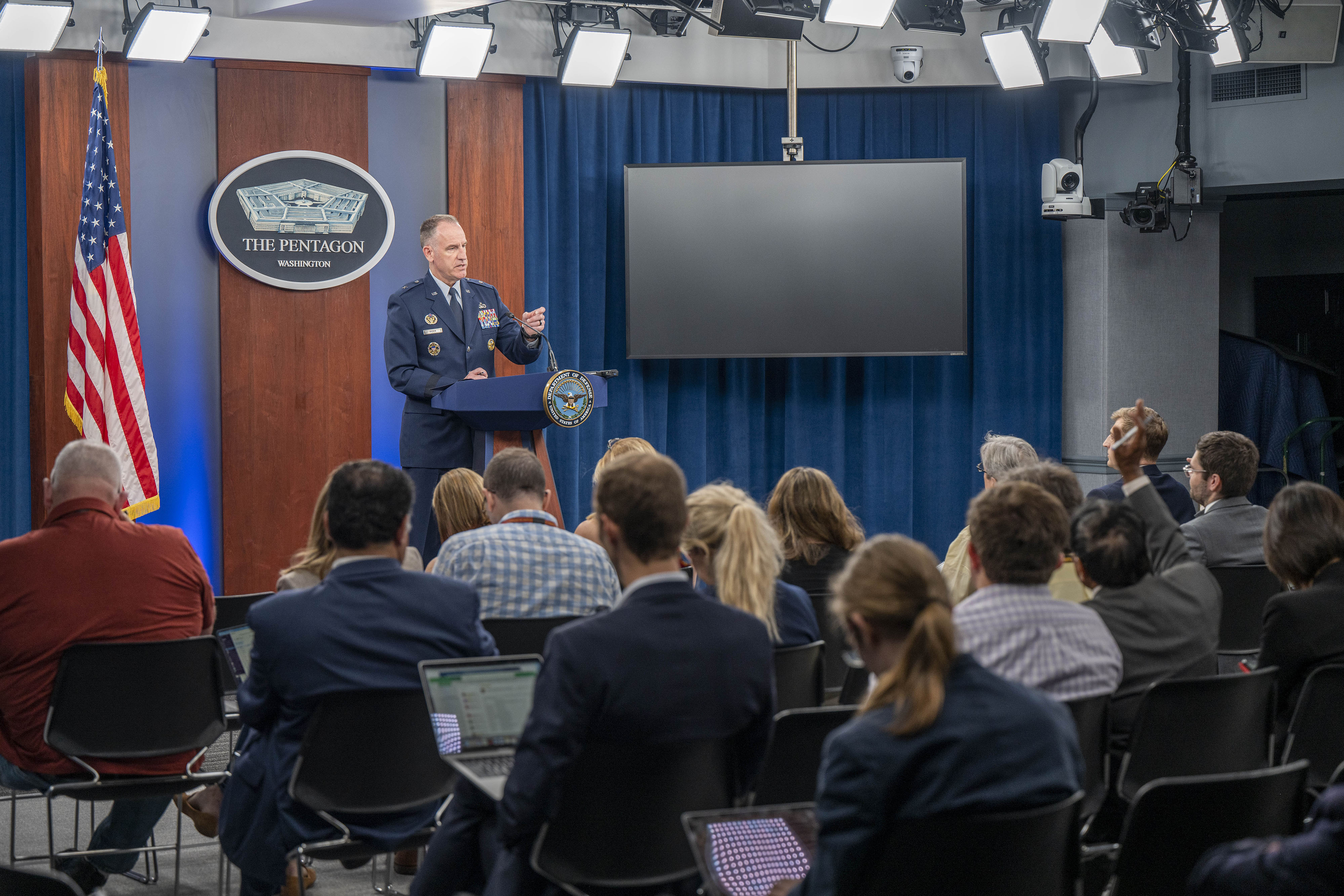 Pentagon Press Secretary U.S. Air Force Brig. Gen. Pat Ryder addresses members of the press ...