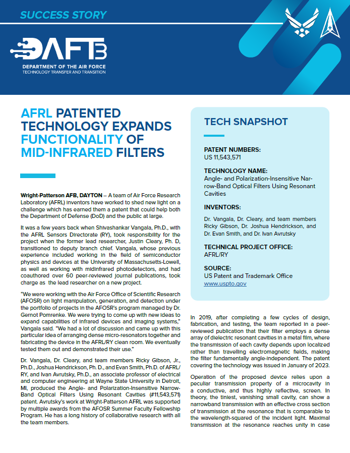 AFRL PATENTED TECHNOLOGY EXPANDS FUNCTIONALITY OF MID-INFRARED FILTERS ...