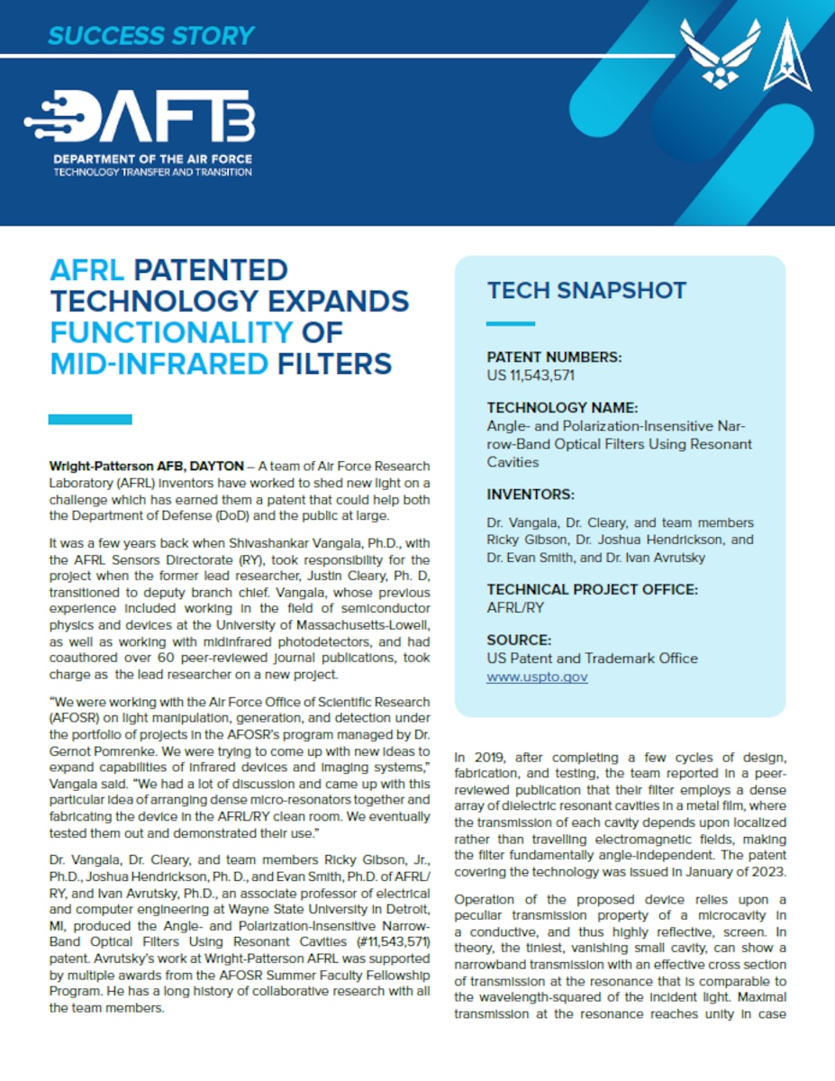 AFRL PATENTED TECHNOLOGY EXPANDS FUNCTIONALITY OF MID-INFRARED FILTERS ...