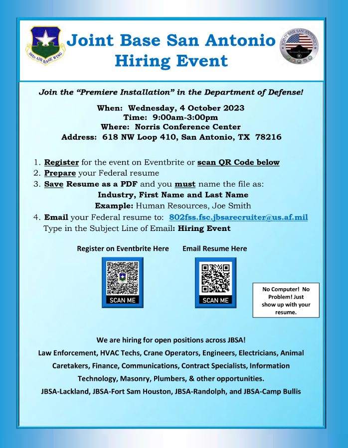 JBSA hosts hiring event Oct. 4 > Joint Base San Antonio > News