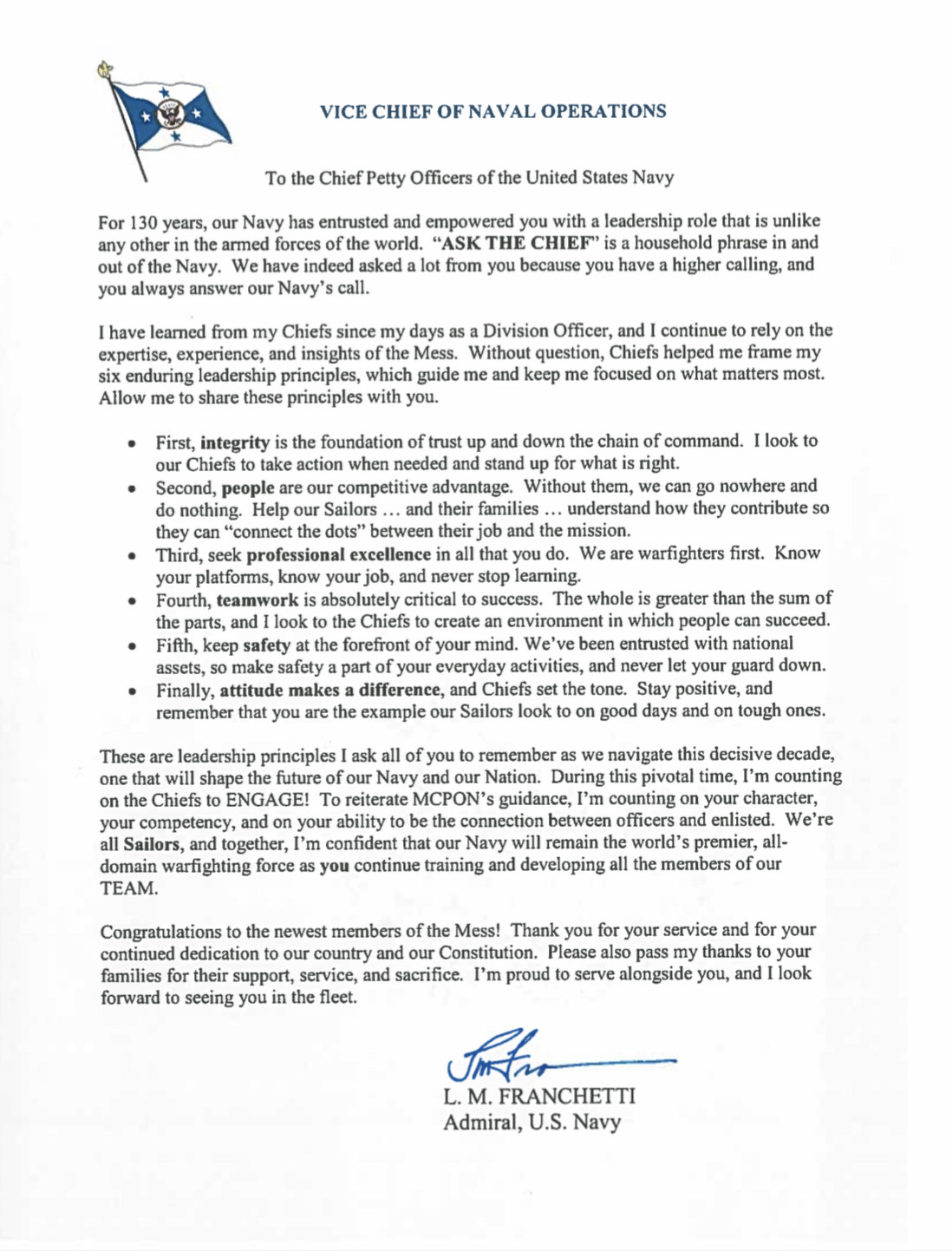 VCNO Letter to Chief Petty Officers